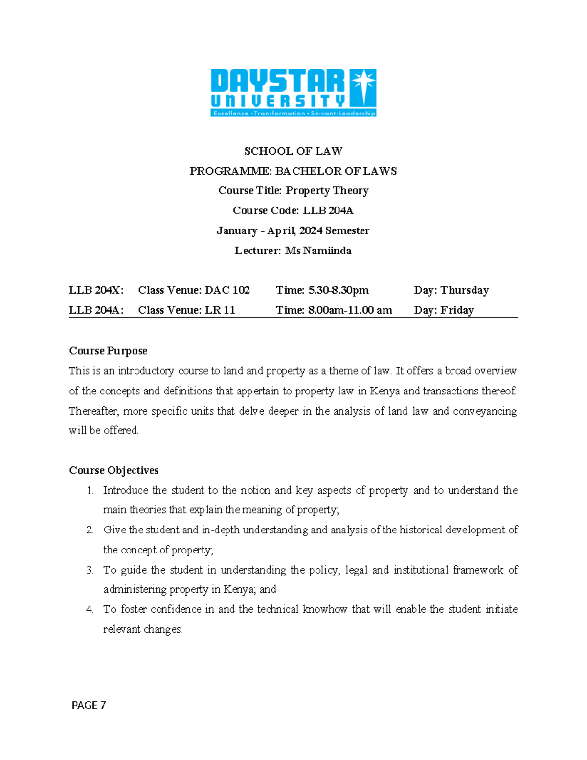 Property Theory LLB 204 - Course Outline JAN 2024 - SCHOOL OF LAW ...