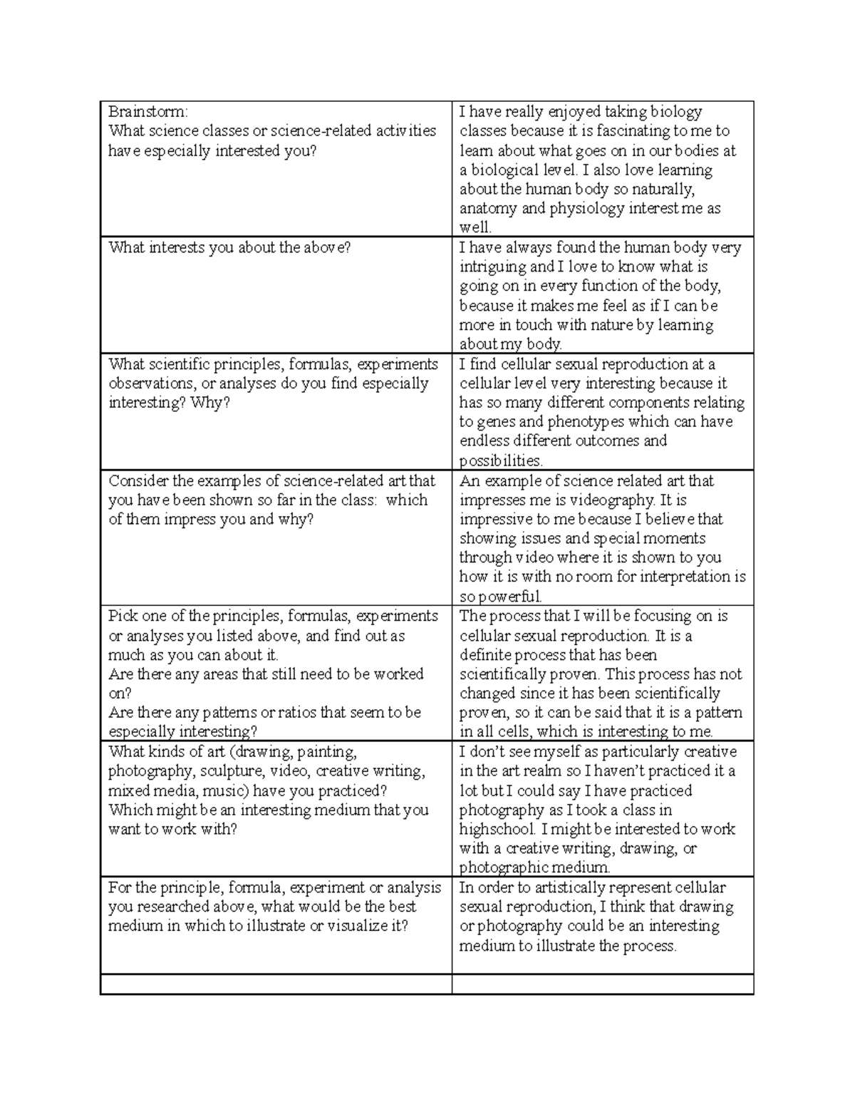 Worksheet for unit 6 - Brainstorm: What science classes or science ...