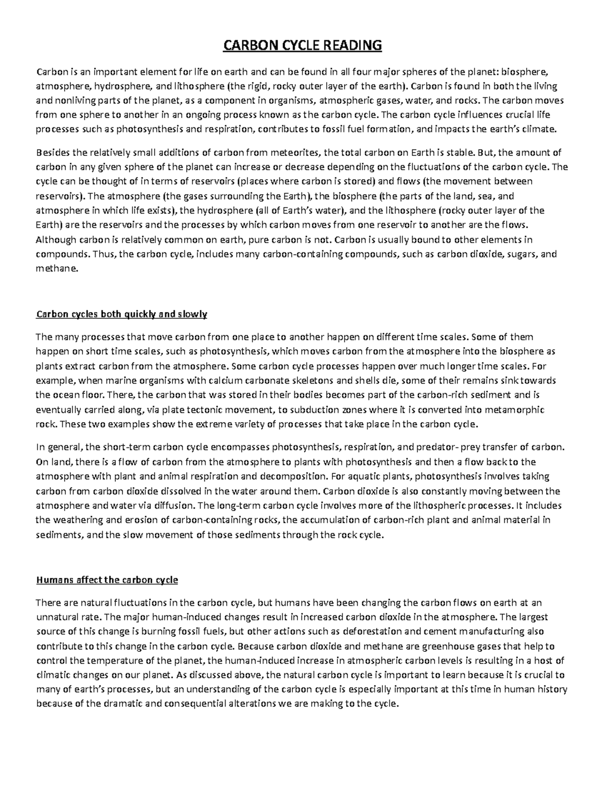 Copy of Carbon Cycle explained - CARBON CYCLE READING Carbon is an ...