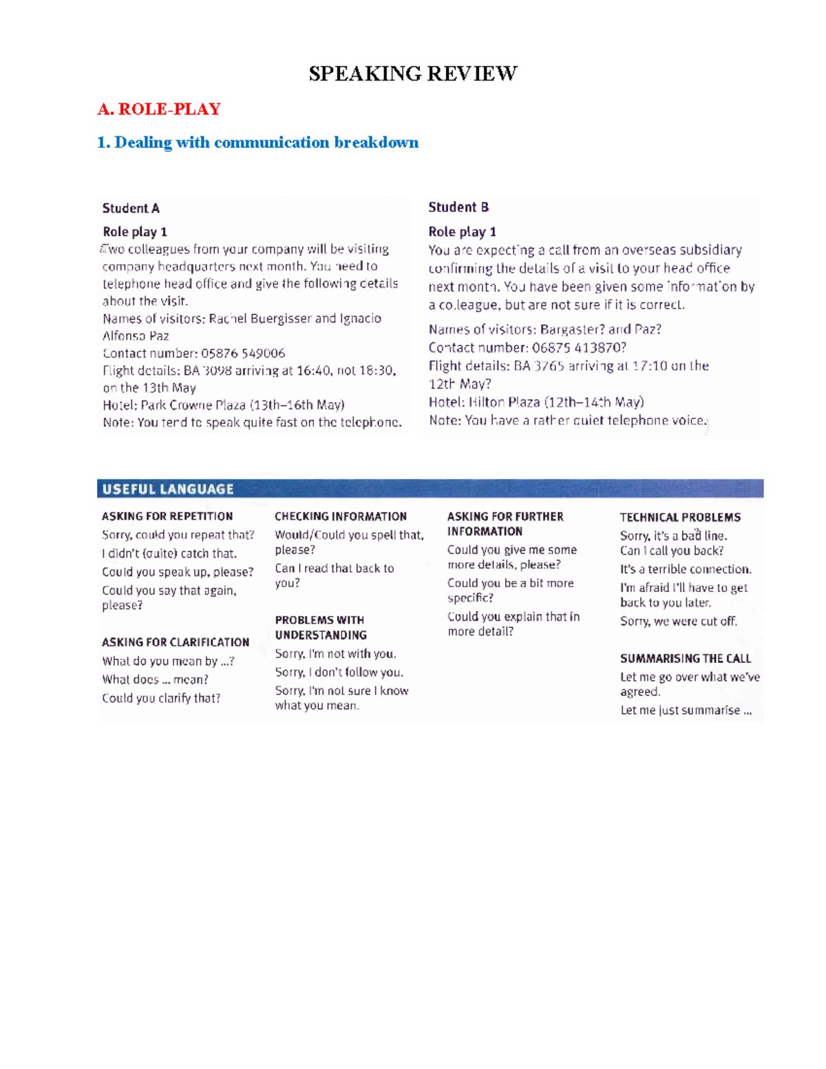 Speaking Review U1-U10 su2024-2025 - SPEAKING REVIEW A. ROLE-PLAY 1 ...