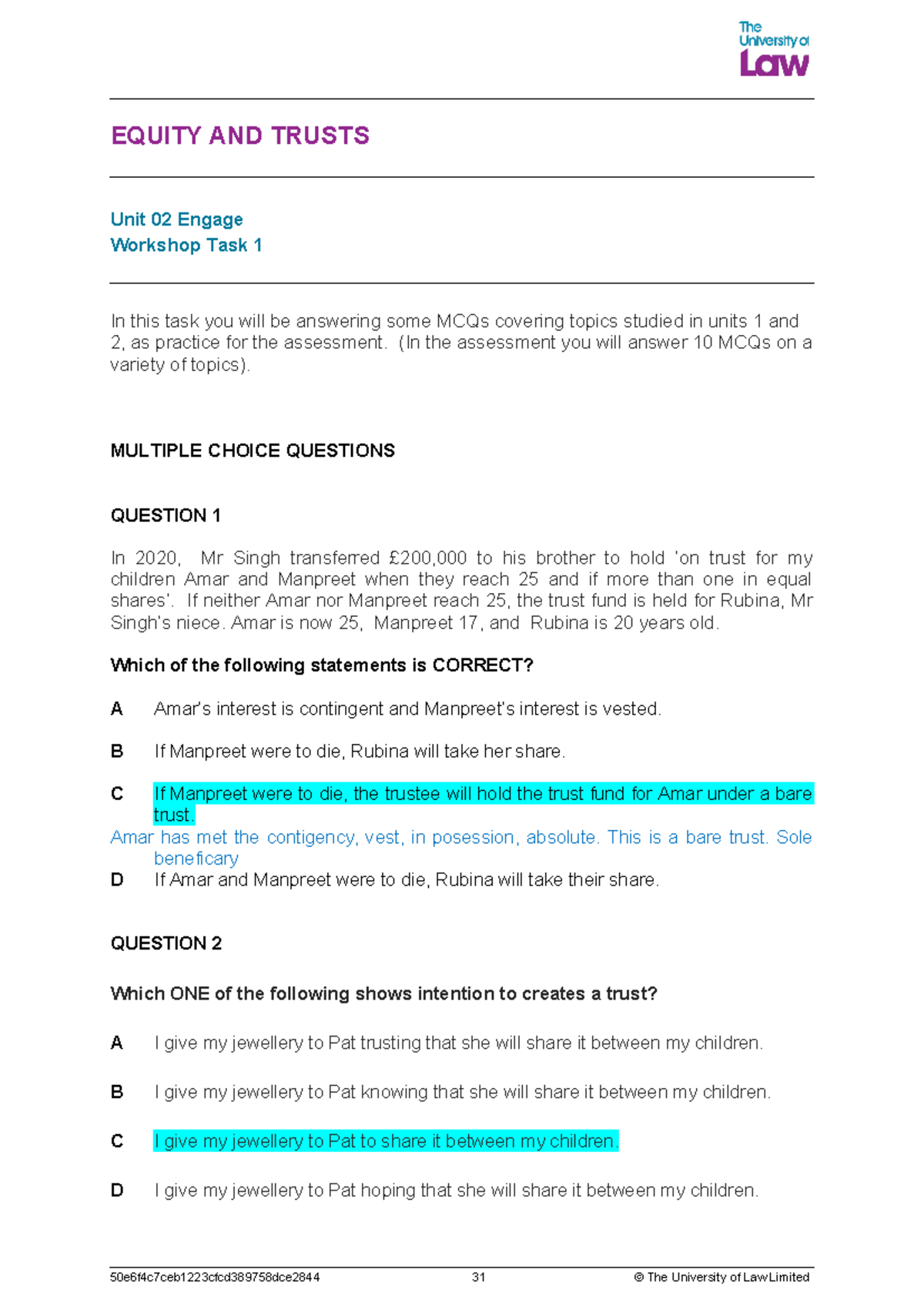 E&T U2 ET1 - work - EQUITY AND TRUSTS Unit 02 Engage Workshop Task 1 In ...