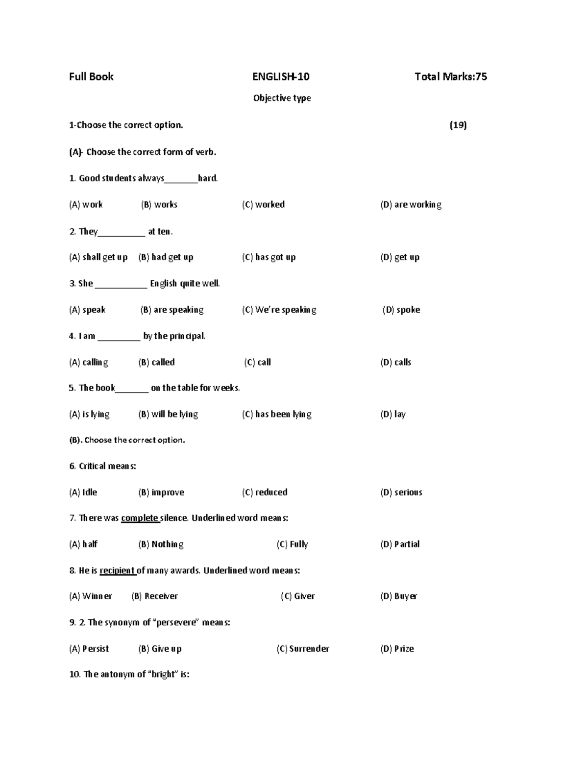 Pilot paper 10 - Full Book ENGLISH-10 Total Marks: Objective type 1 ...