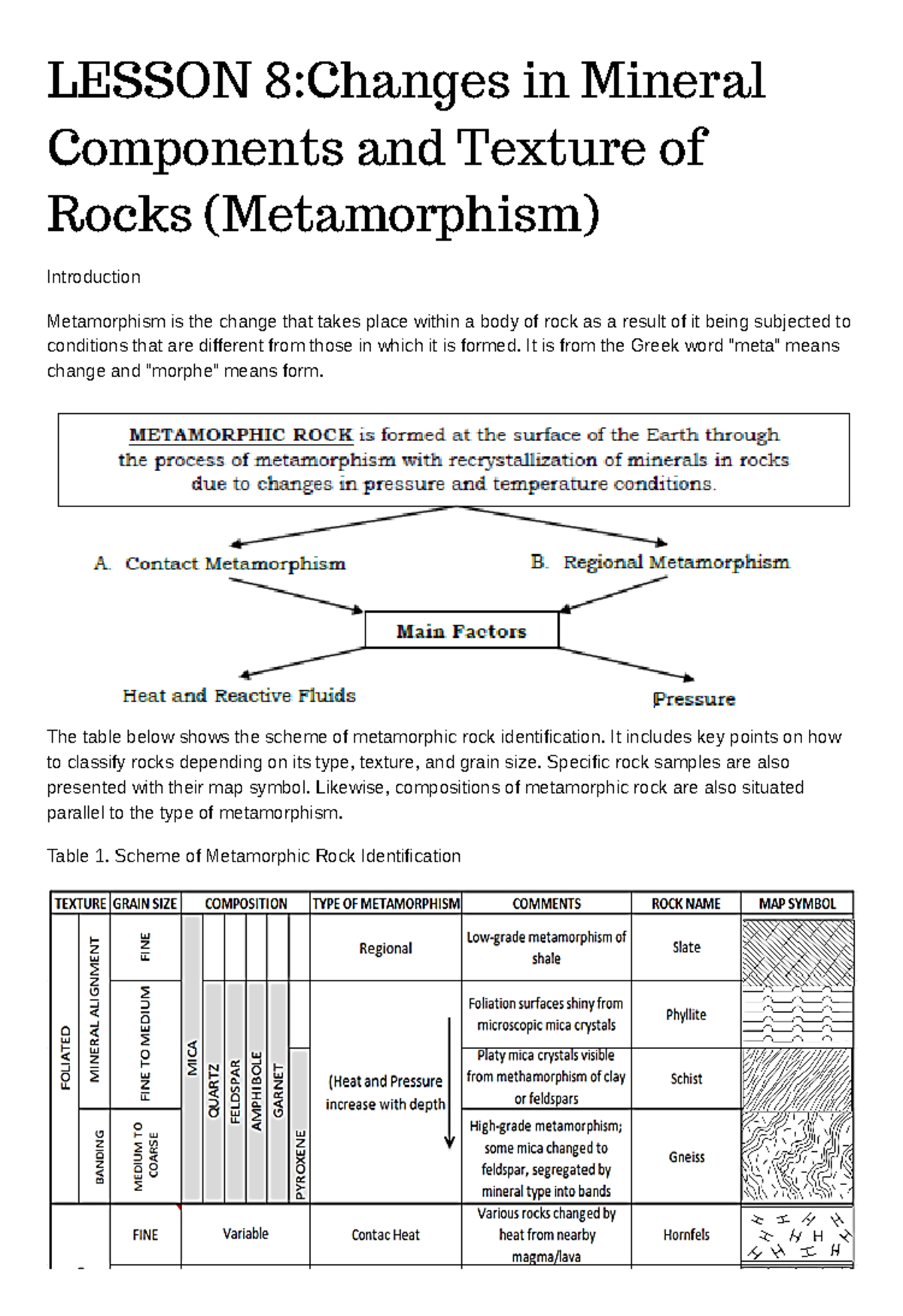 HAND OUT Lesson 8Changes in Mineral Components and Texture of Rocks ...