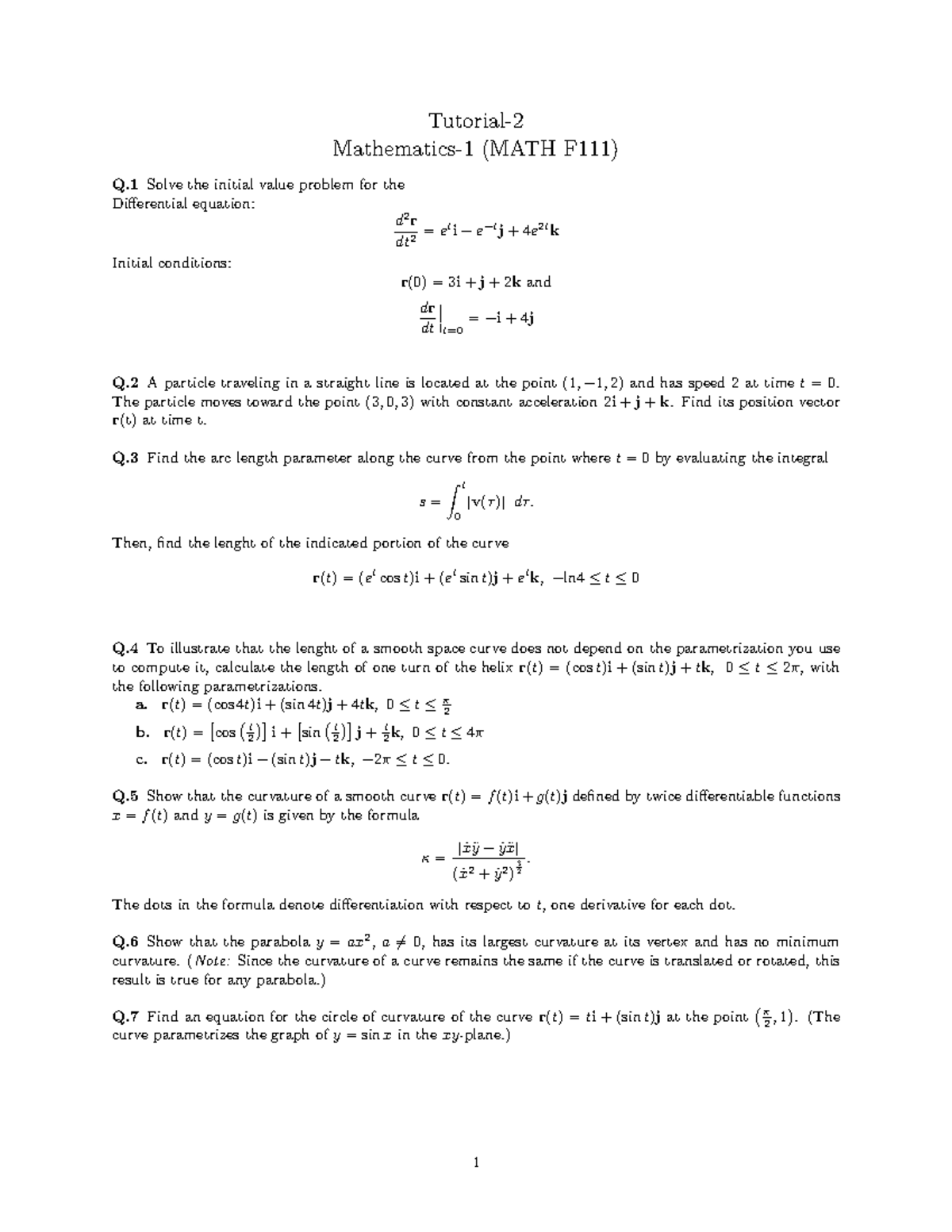 101161 Tutorial 2 - Tutorial- Mathematics-1 (MATH F111) Q Solve the ...