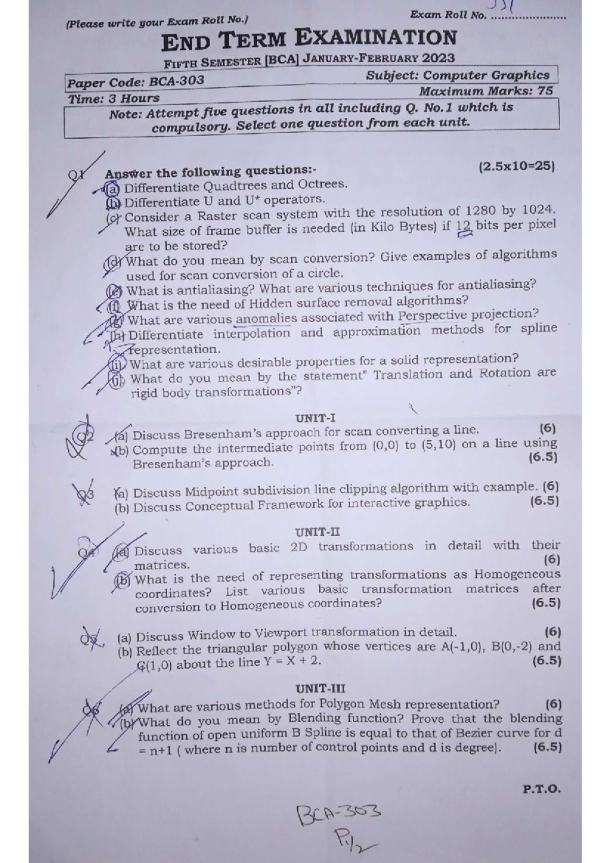 BCA 5th Sem CG Question Paper 2023 IP UNIVERSITY Bachelors Of