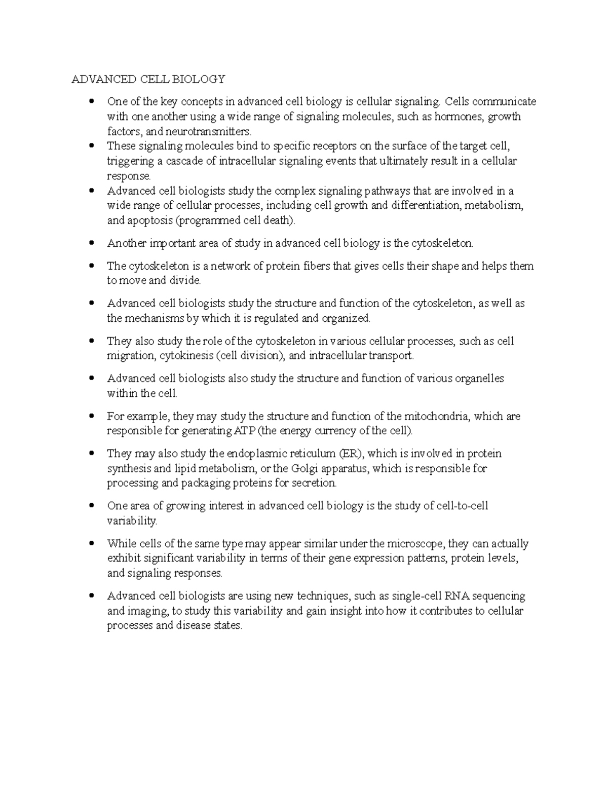 Advanced CELL Biology Notes 1 - ADVANCED CELL BIOLOGY One of the key ...