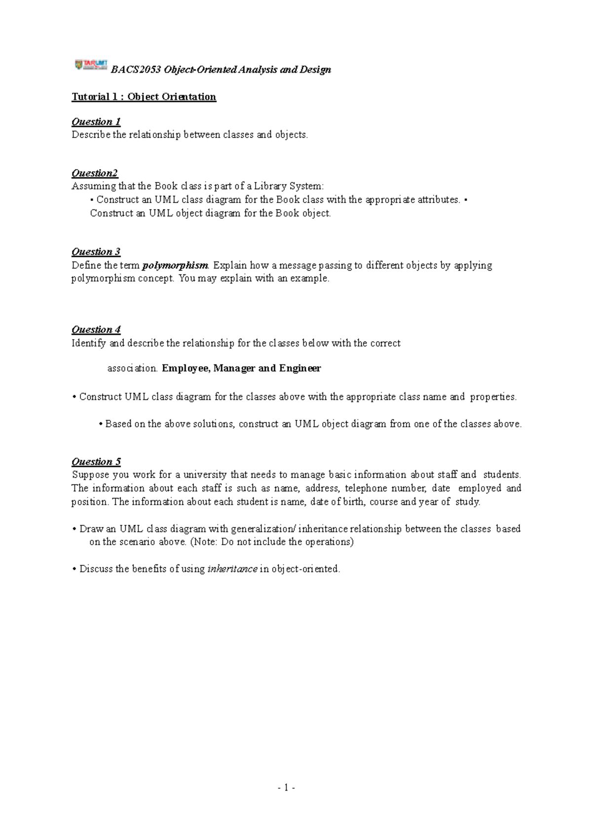 Tutorial 1-5 Questions - BACS2053 Object-Oriented Analysis and Design ...
