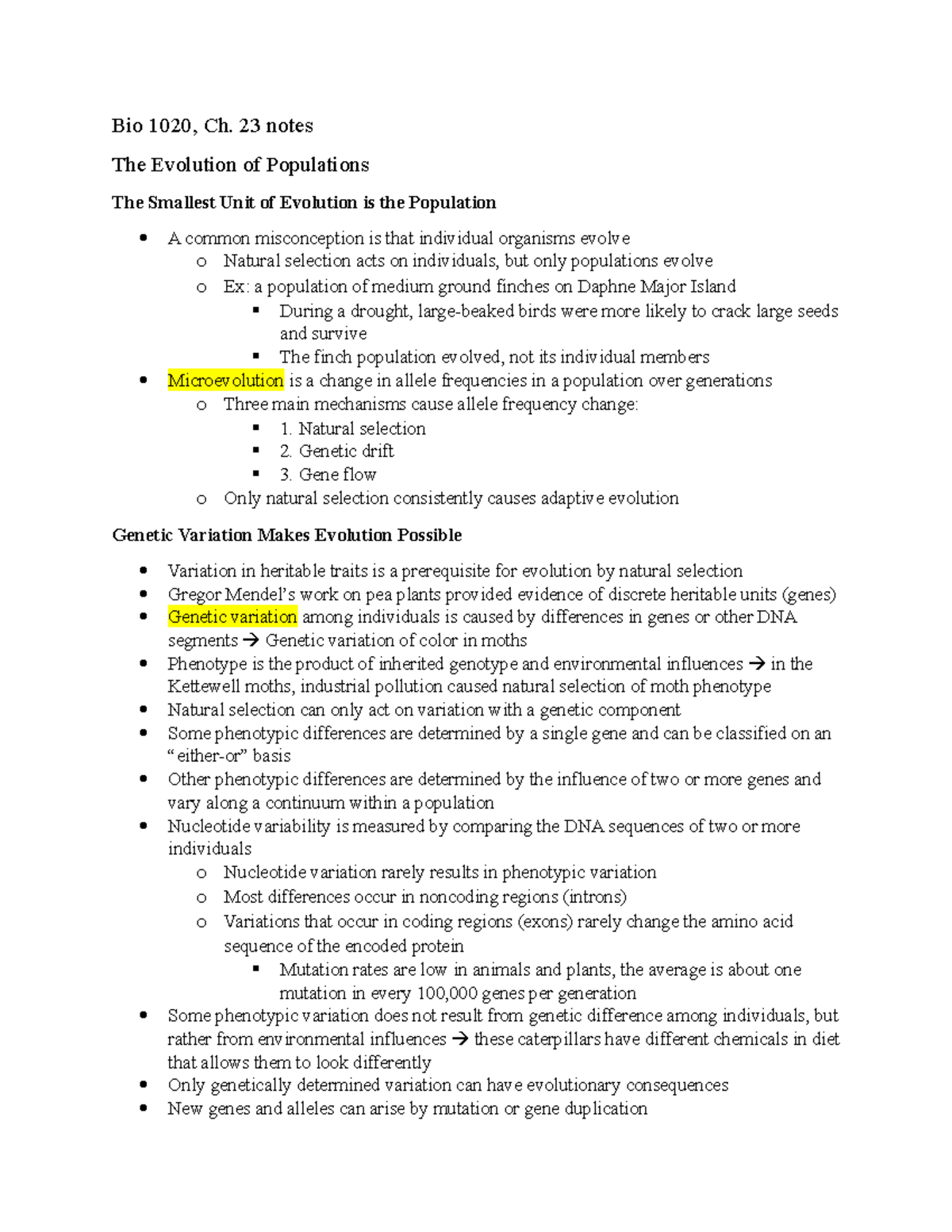 BIO 1020 Ch 23 notes - Dr. Meghan Kelley - Bio 1020, Ch. 23 notes The ...
