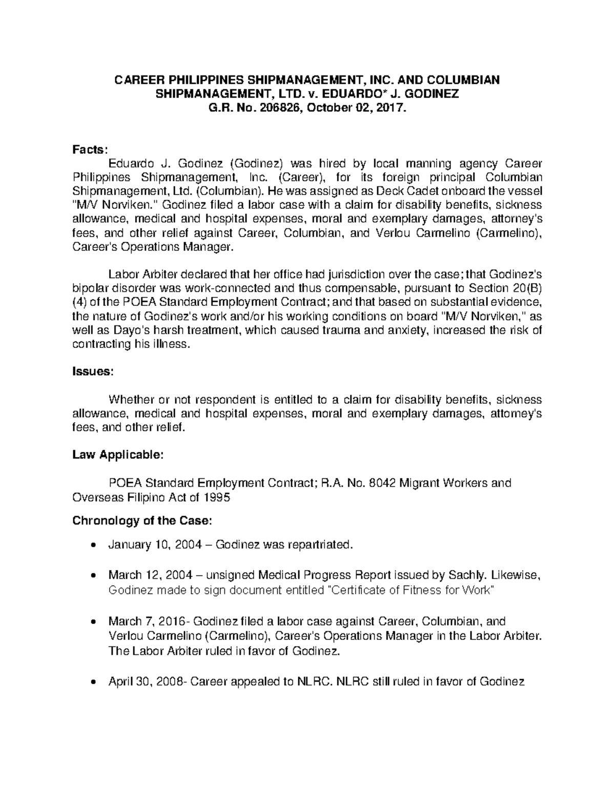 Labor law case digest - CAREER PHILIPPINES SHIPMANAGEMENT, INC. AND ...