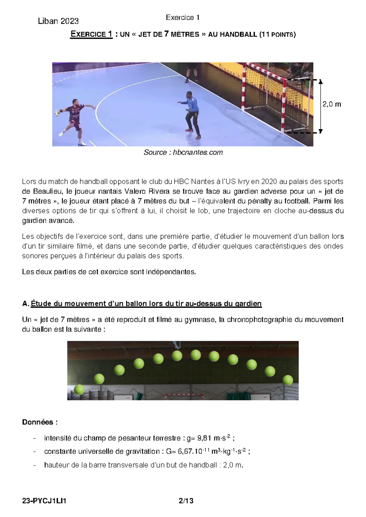 2023 Liban J1 Exo1 Sujet Handball 11pts - EXERCICE 1 : UN « JET DE 7 ...