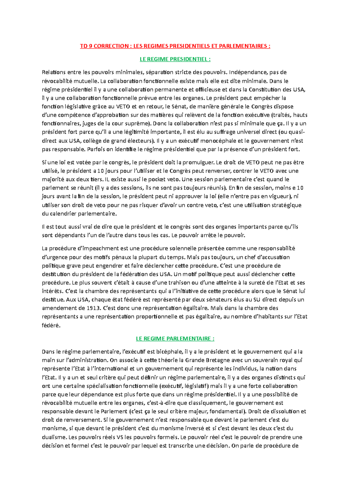 TD 9 Correction CONSTITUTIONNEL SEM 1 L1 - TD 9 CORRECTION : LES REGIMES PRESIDENTIELS ET - Studocu