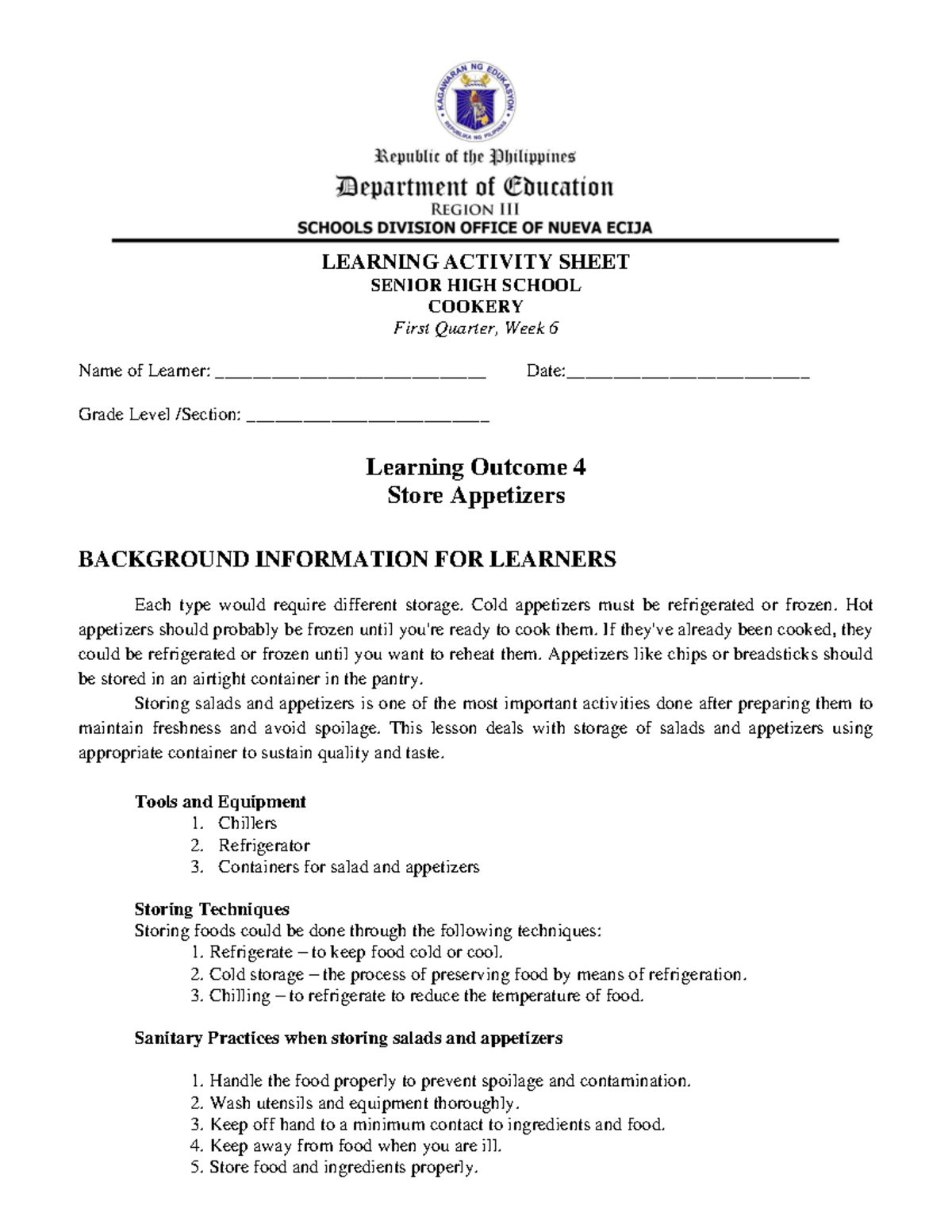 Cookery w K 6 - LEARNING ACTIVITY SHEET SENIOR HIGH SCHOOL COOKERY ...