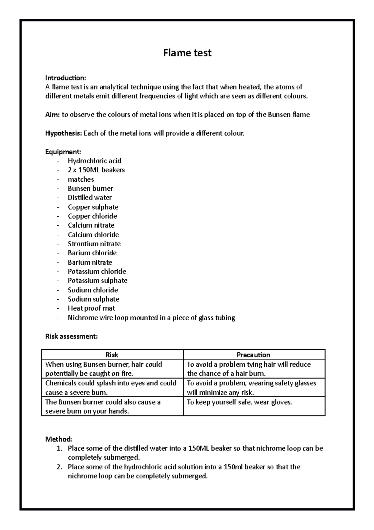 Flame Test Year 12 Chemistry For One Of The Practical Component