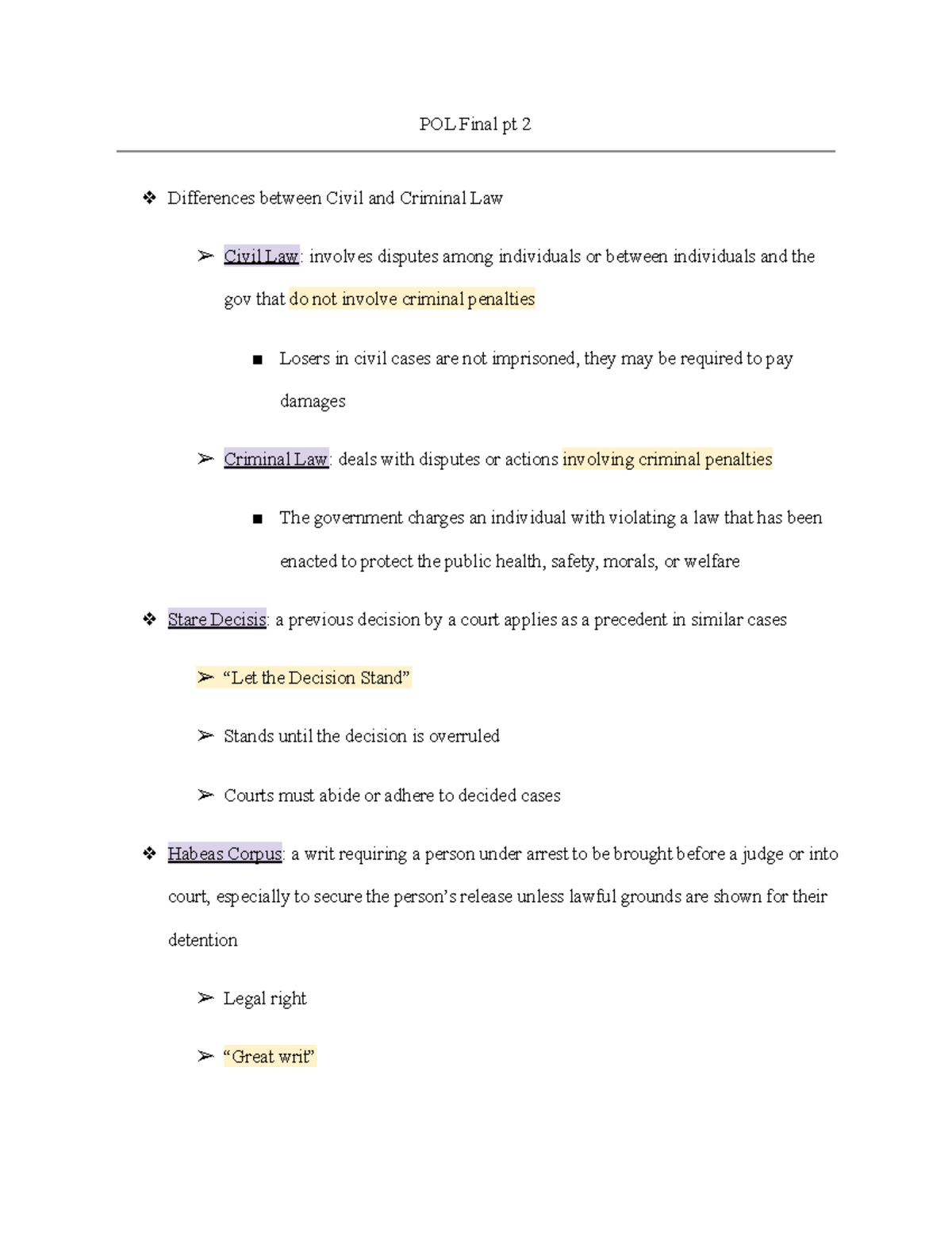 POL Final pt 2 - review - POL Final pt 2 Differences between Civil and ...