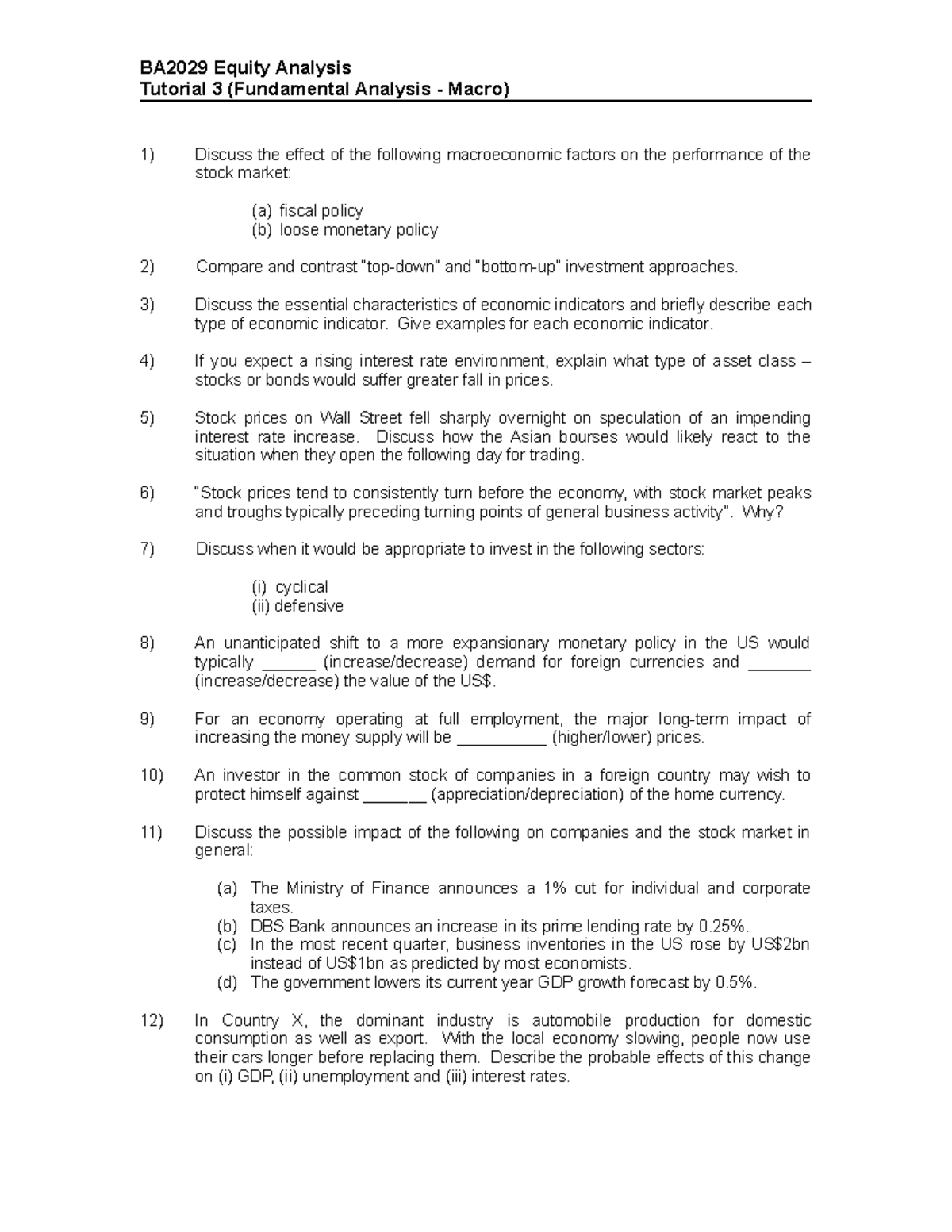 EA-Tutorial 3(Student) - BA2029 Equity Analysis Tutorial 3 (Fundamental ...