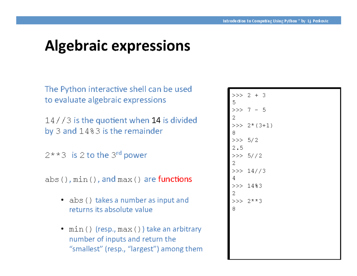 Expressions and Operators Lec 2 - Introduc)ontoCompu)ngUsingPython*”by**Lj.Perkovic n - Studocu
