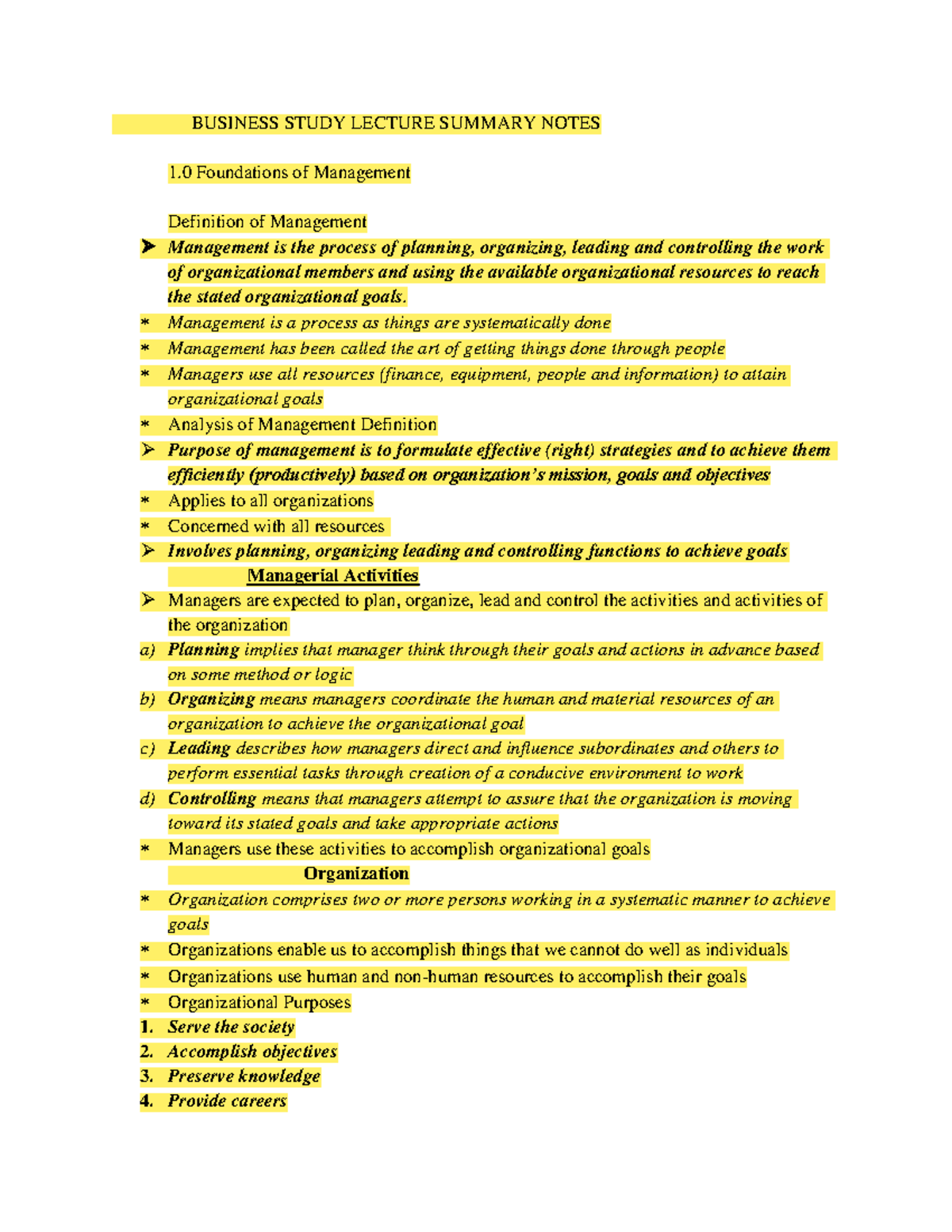 Business Study Lecture Summary Notes - Copy - BUSINESS STUDY LECTURE ...