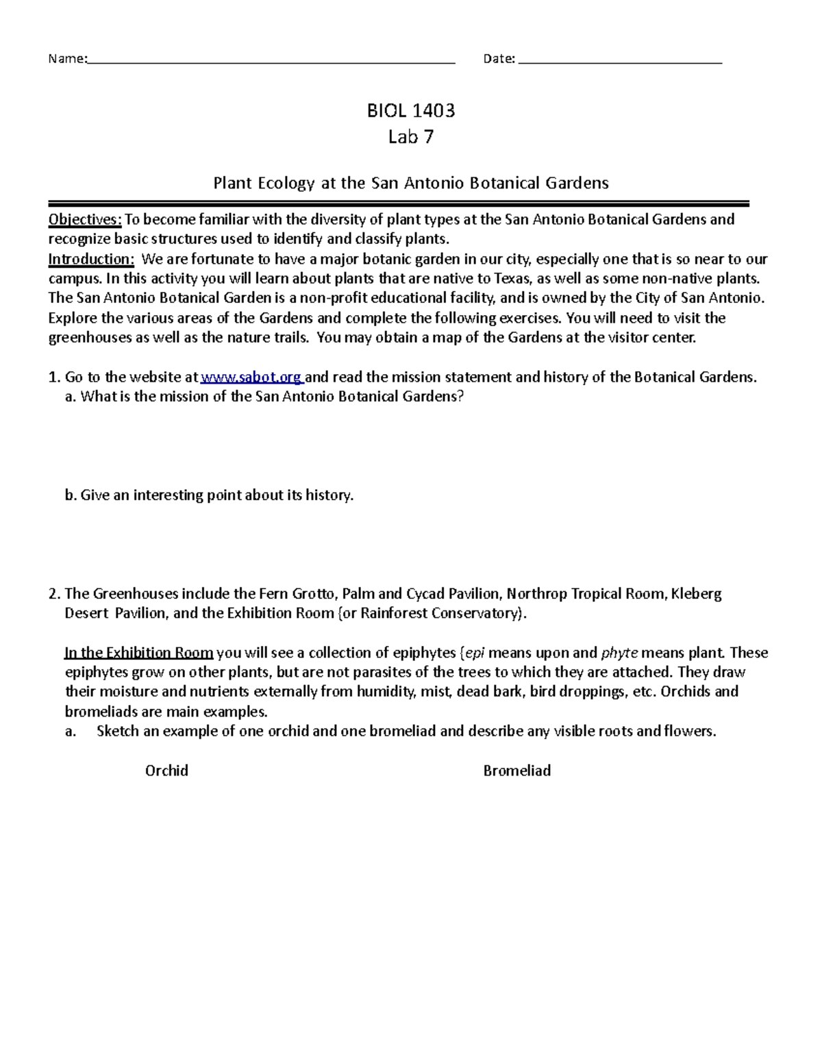 Exercise 7 Plant Ecology at the Botanical Gardens - Name: Date: BIOL ...