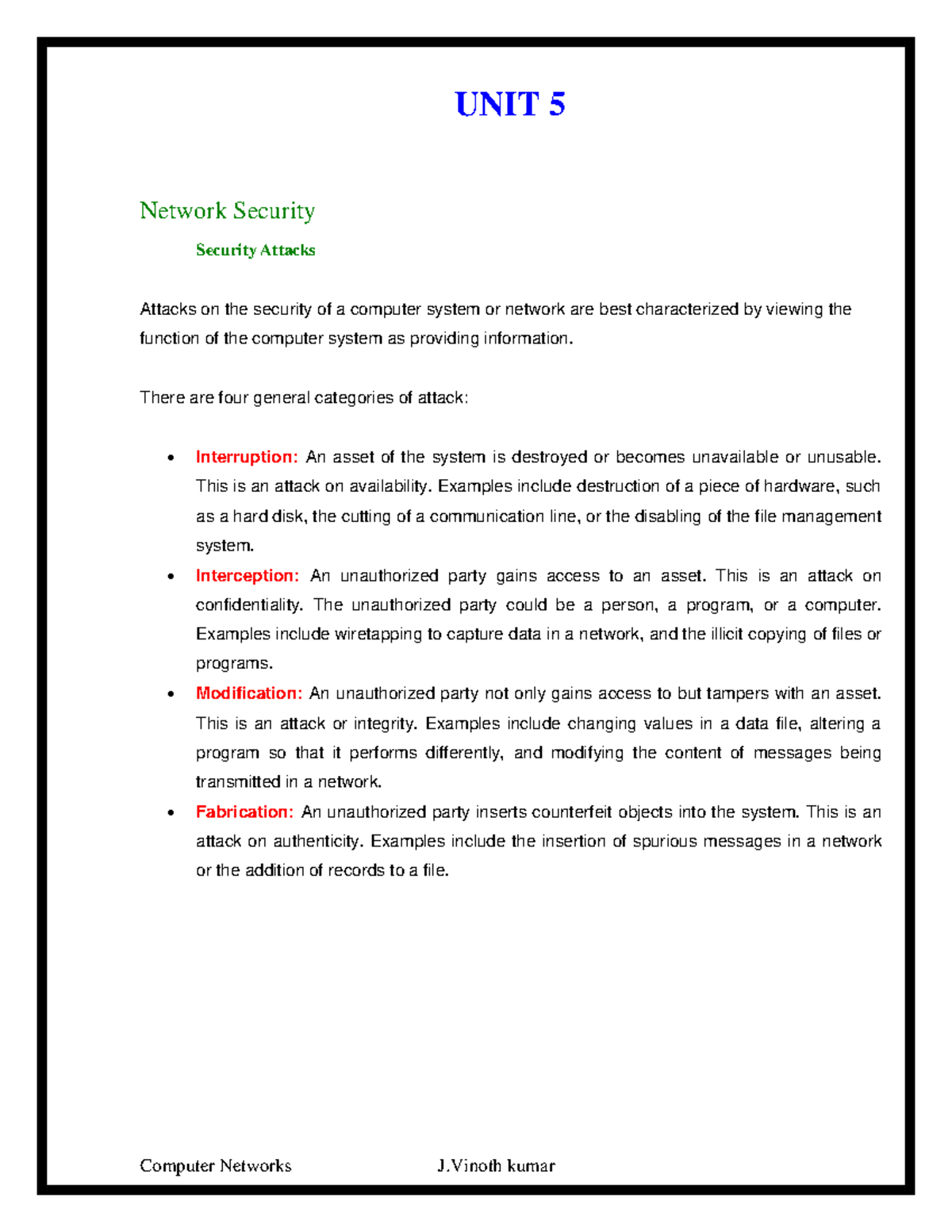 Network security - UNIT 5 Network Security Security Attacks Attacks on ...