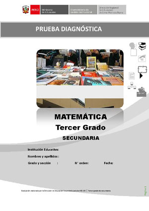 Prueba Diagn+ Stica DEL + REA DE Matem+ TICA 5 - MATEMÁTICA Quinto Grado SECUNDARIA - Studocu