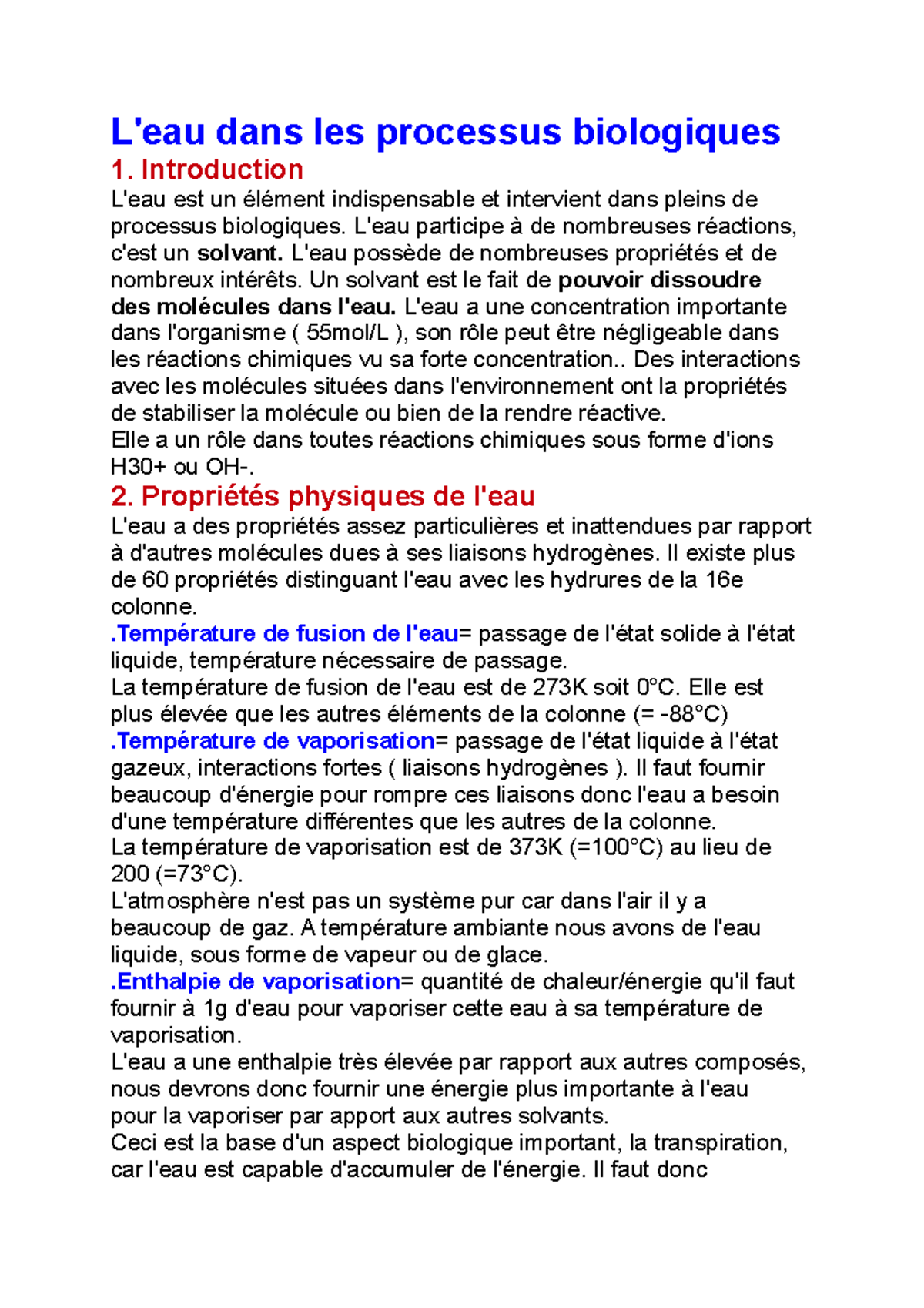 L'eau dans les processus biologiques - Introduction L'eau est un ...
