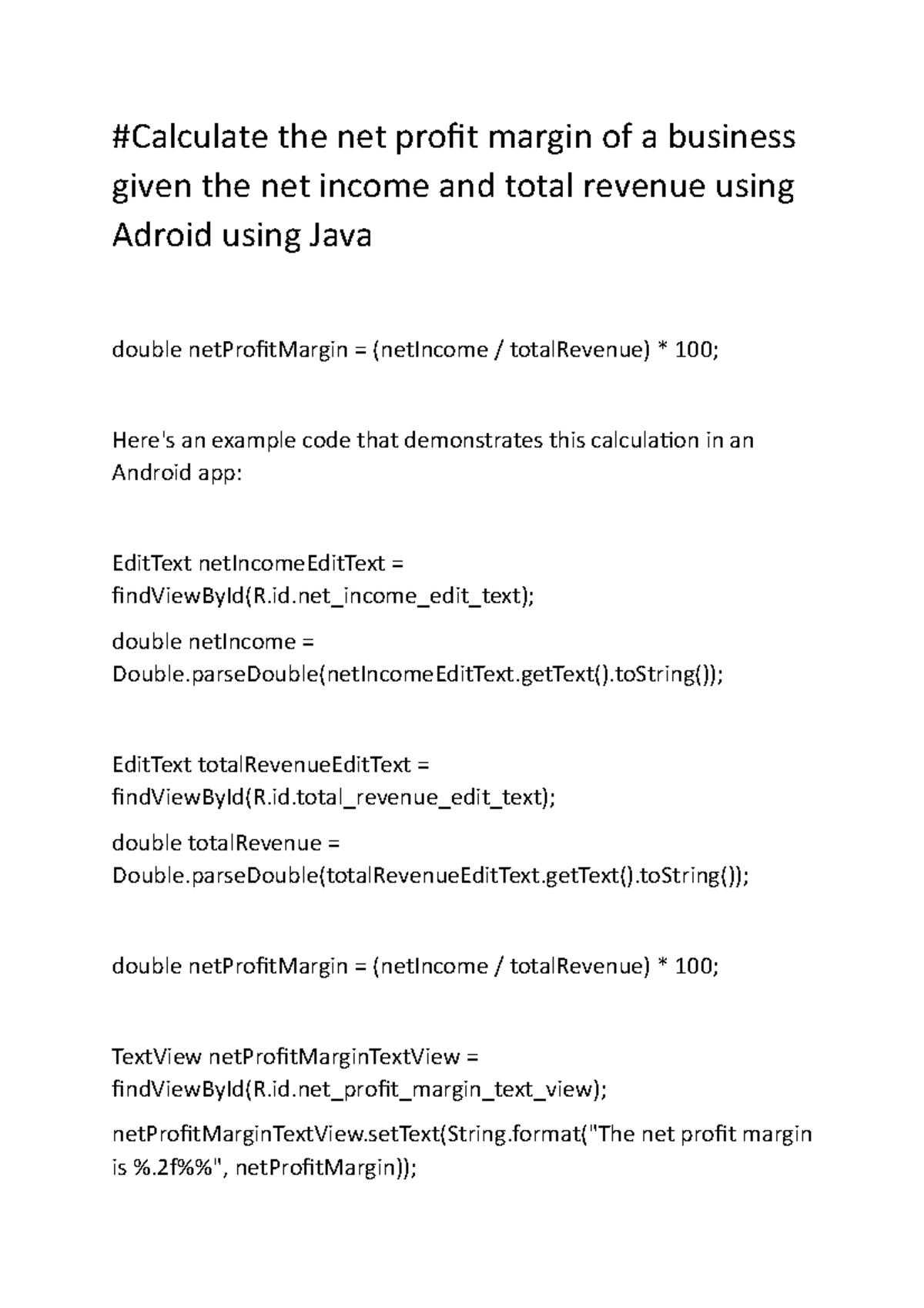 Net income and total revenue- Adroid using Java - #Calculate the net ...
