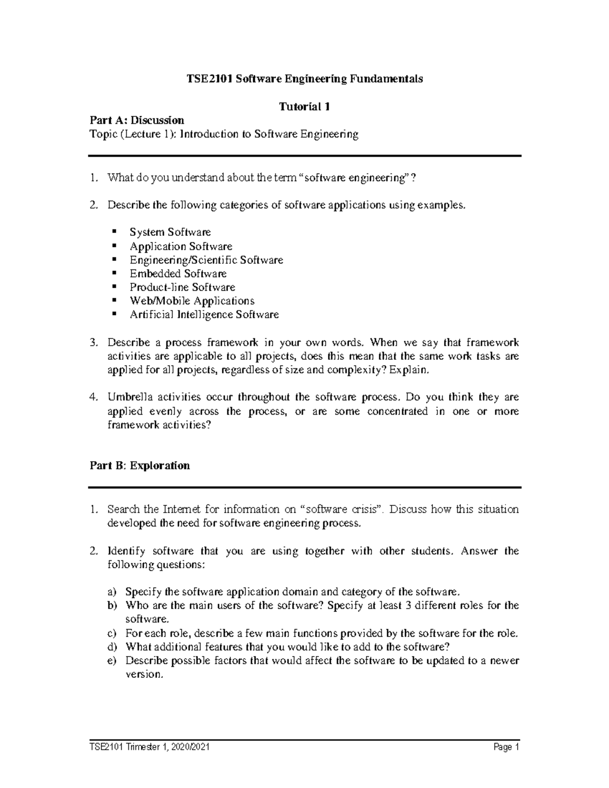 Tutorial 01 - Introduction - Question - Software Engineering - MMU - Studocu