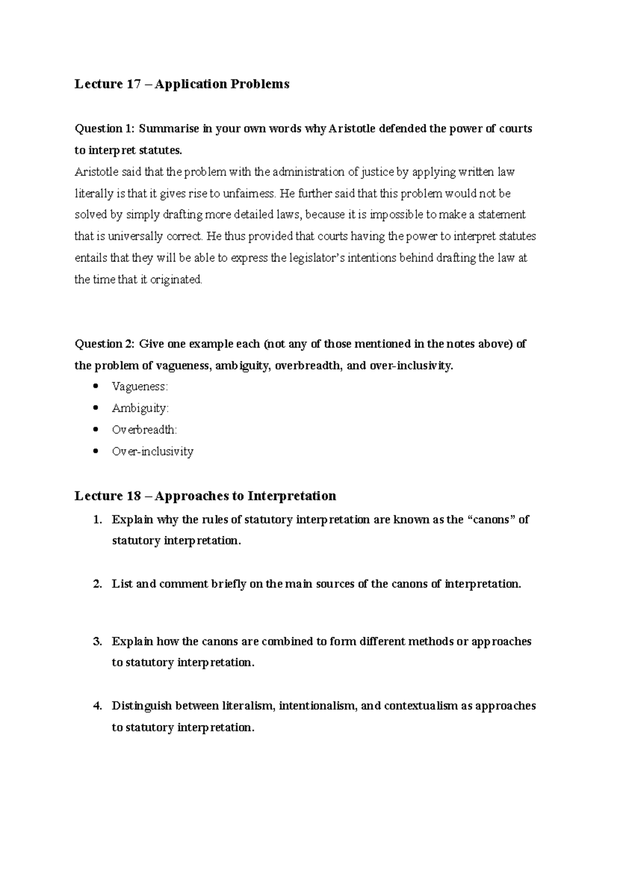 Test 3 Revision Learning Outcomes - Lecture 17 – Application Problems ...