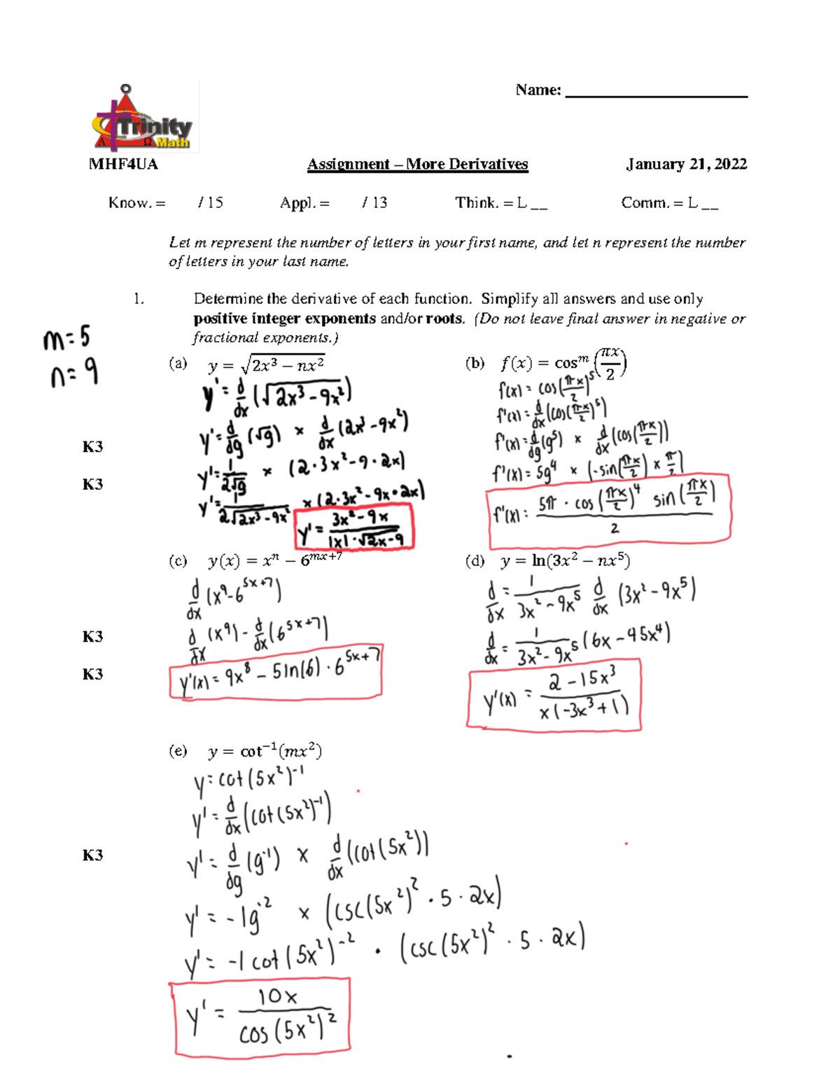 Assignment More Derivatives Jan 2023 - Name: ______________________ MHF4UA Assignment – More ...