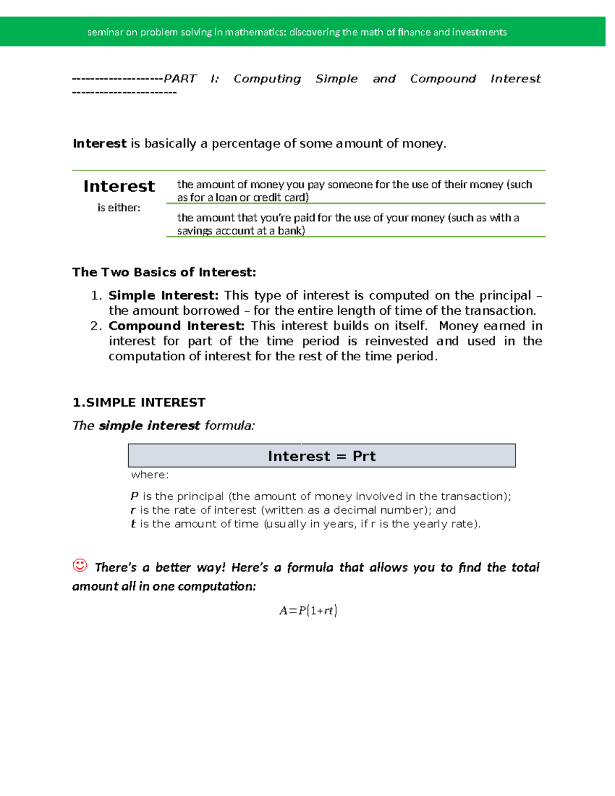 Handouts (In Progress) -PART I: Computing Simple and Compound Interest ...