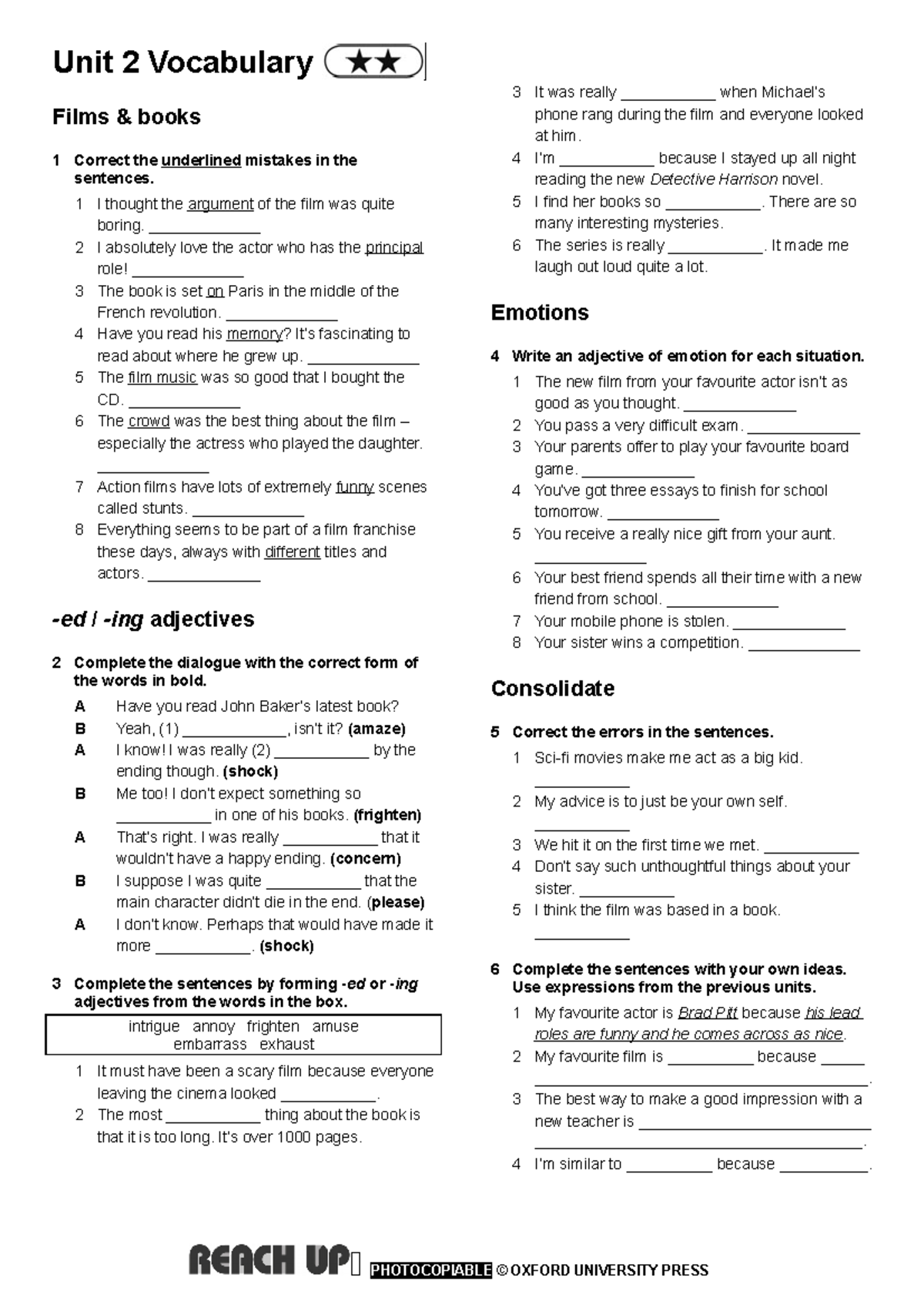 Vocabulary Unit 2 2star - Unit 2 Vocabulary Films & books 1 Correct the ...
