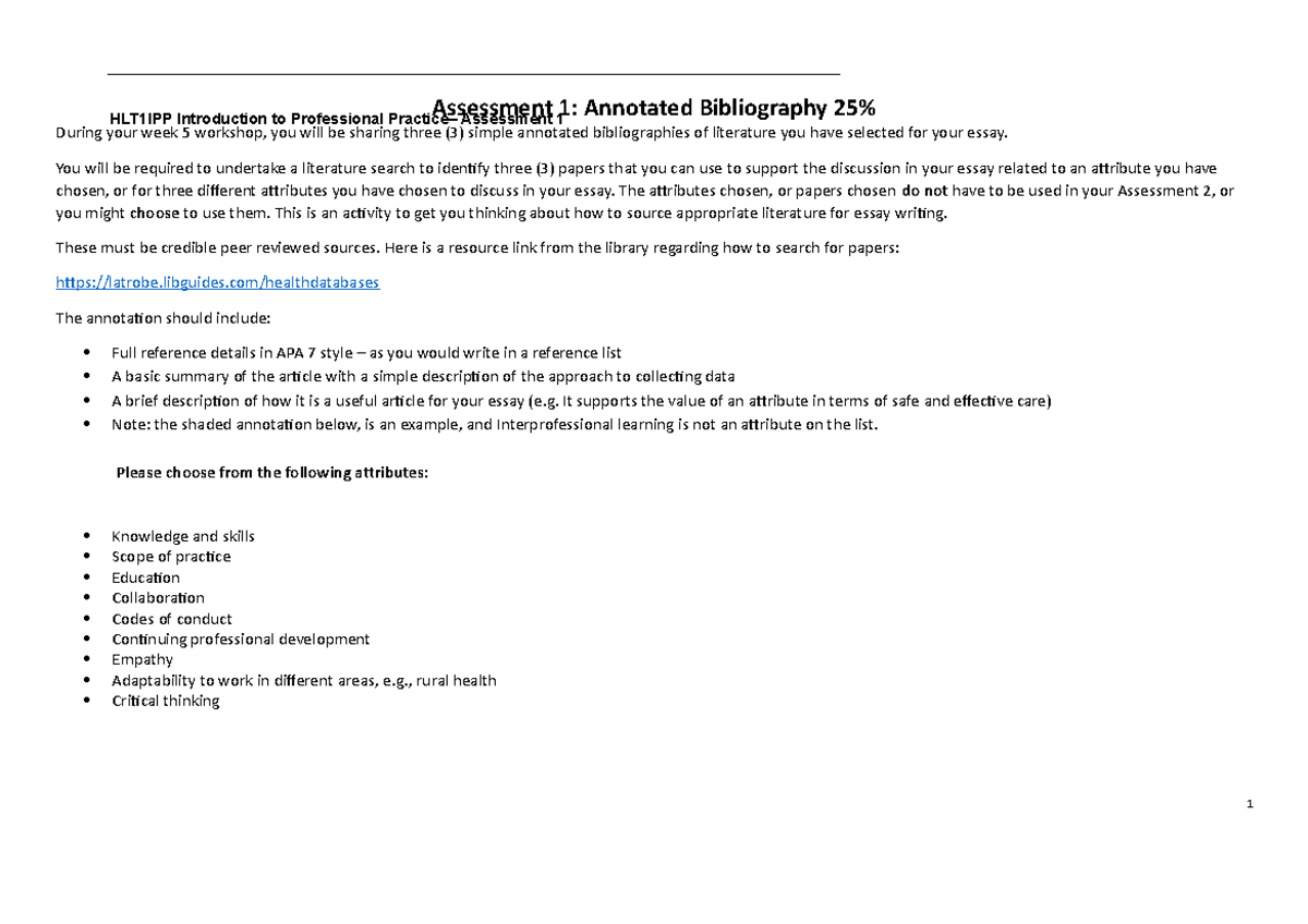 Annotated Bibliography template - Assessment 1: Annotated Bibliography ...