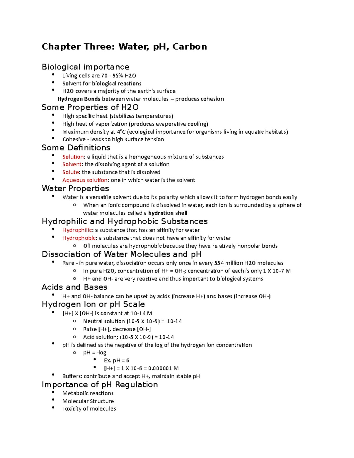 Bio Chapter 3 Chapter Three Water PH Carbon Biological Importance