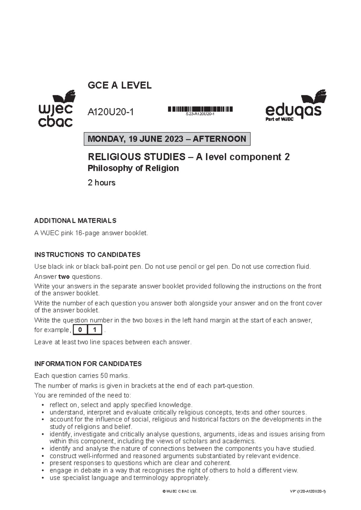 S23-a120u20-1 - past paper questions - ADDITIONAL MATERIALS A WJEC pink ...