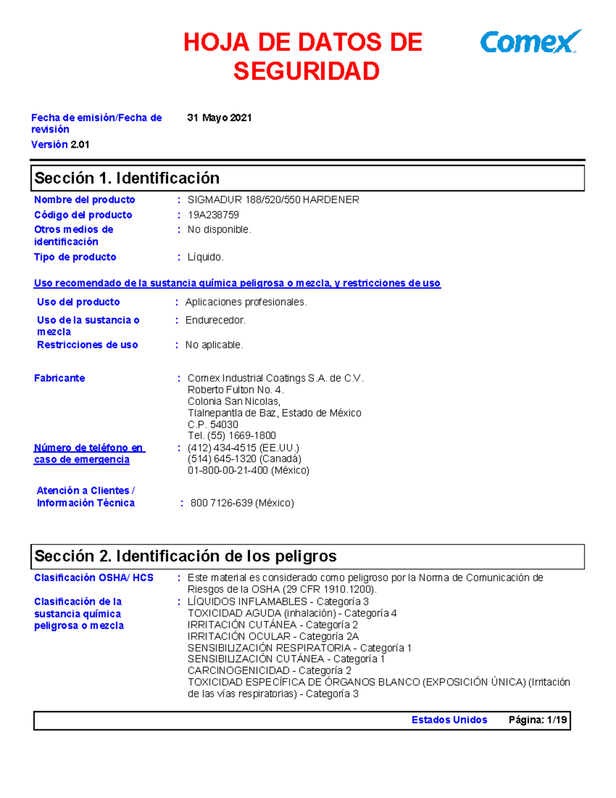 HDS Sigamdur 188- 520-550 - SIGMADUR 188/520/550 HARDENER No disponible ...