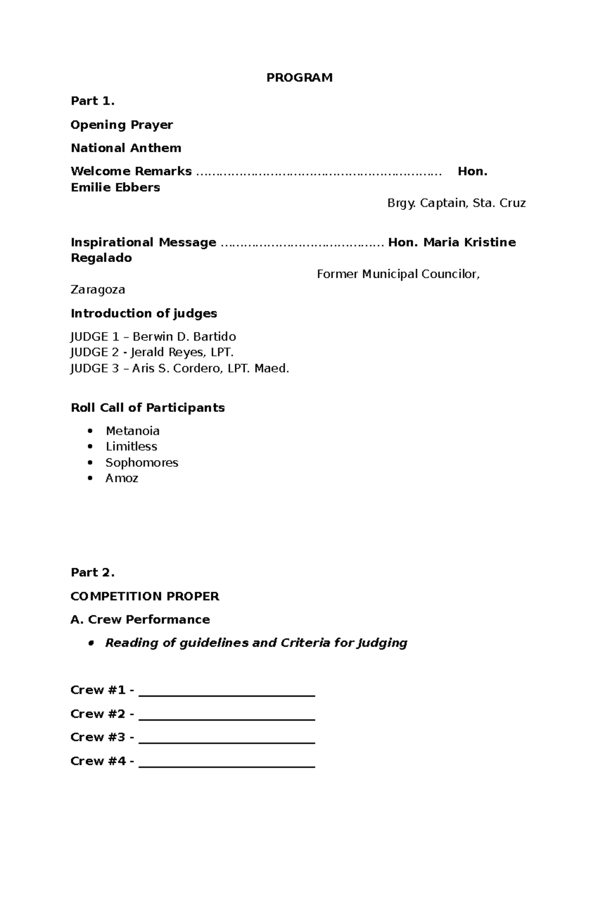 Program OF Dance Clash - PROGRAM Part 1. Opening Prayer National Anthem ...