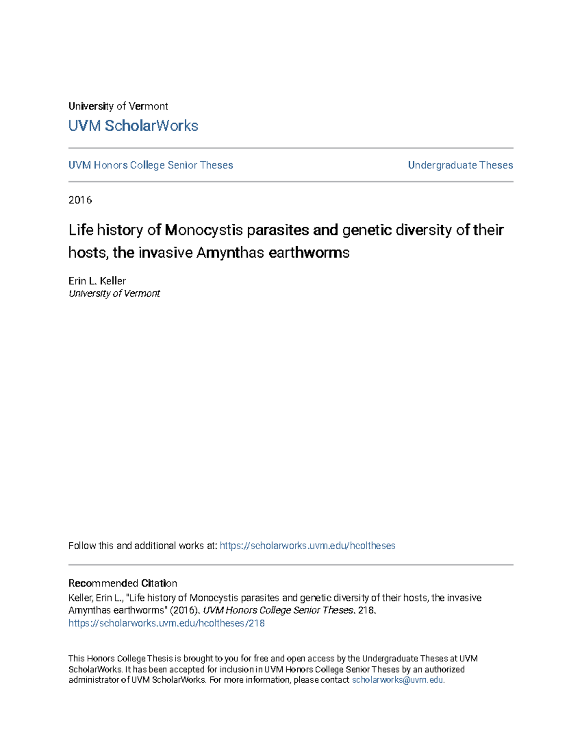 Life history of Monocystis parasites and genetic diversity of the ...