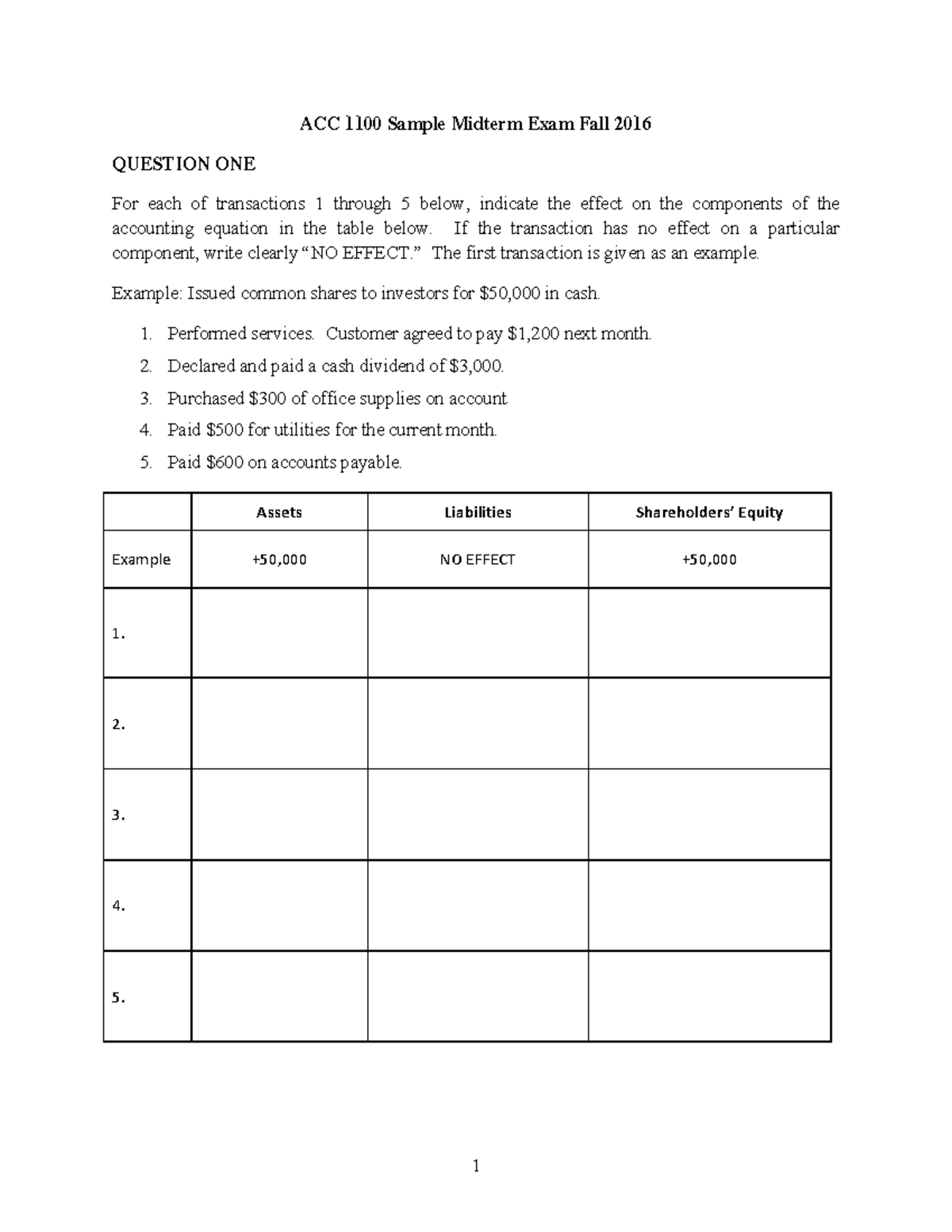 Sample midterm exam with solution - QUESTION ONE For each of ...