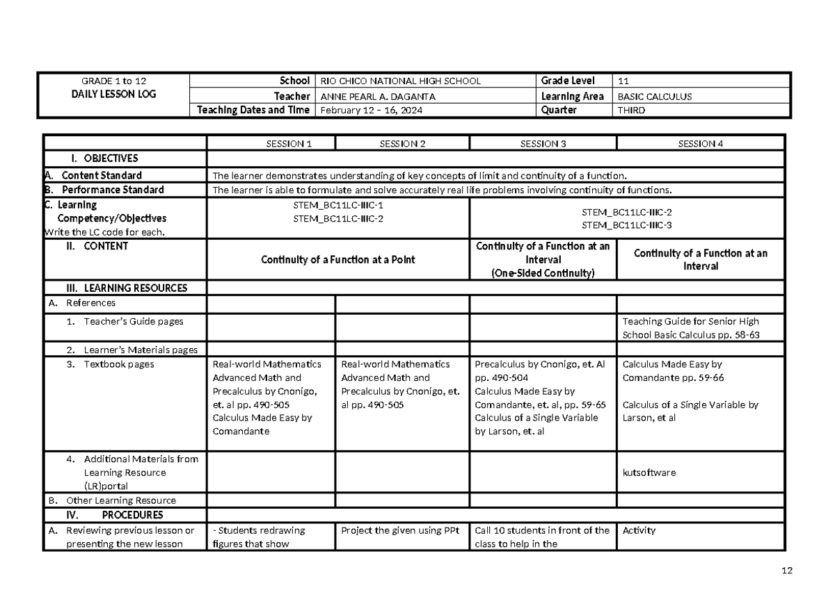 FEB 12-16 3RD - CLASS NOTES - GRADE 1 to 12 DAILY LESSON LOG School RIO ...