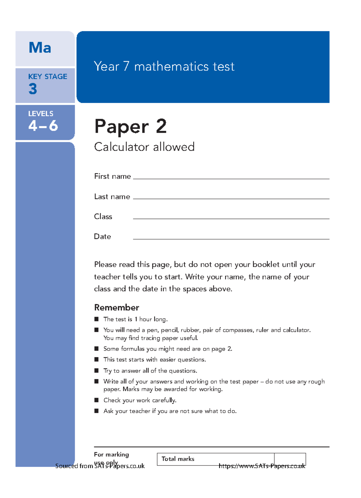 Year 7 optional 2011 mathematics levels 4 6 paper 2 - Year 7 ...