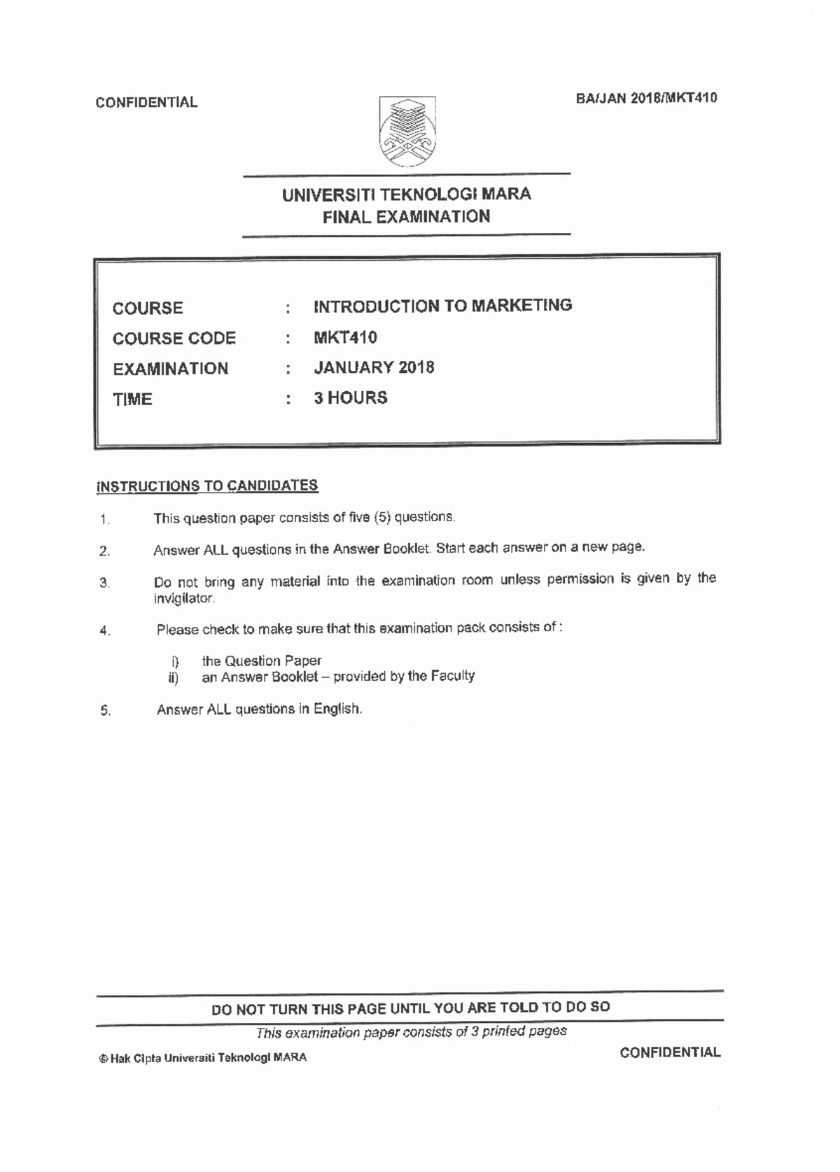 MKT410 PAST YEAR - introduction to marketing - Studocu
