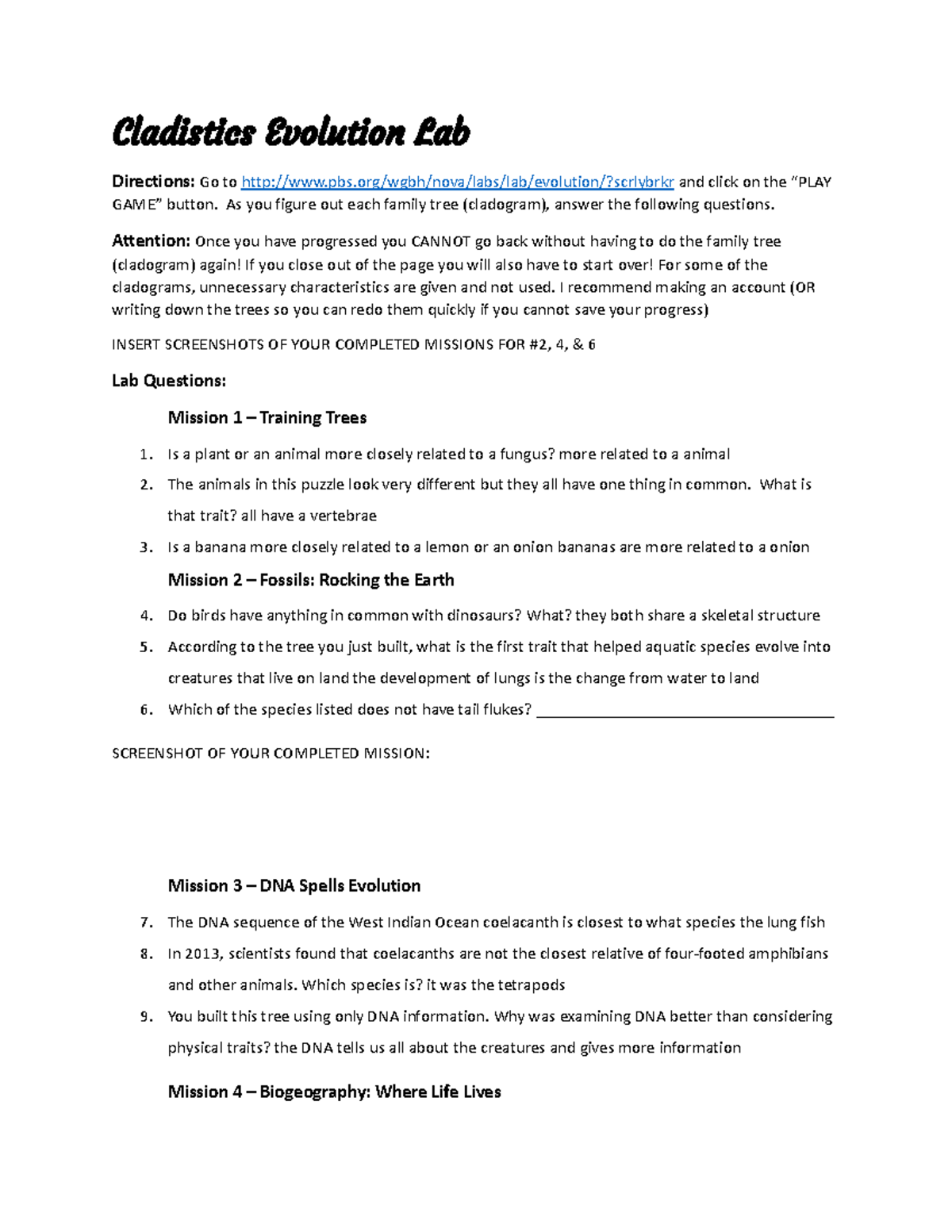 Copy of Cladistics Evolution Online Lab - Cladistics Evolution Lab ...
