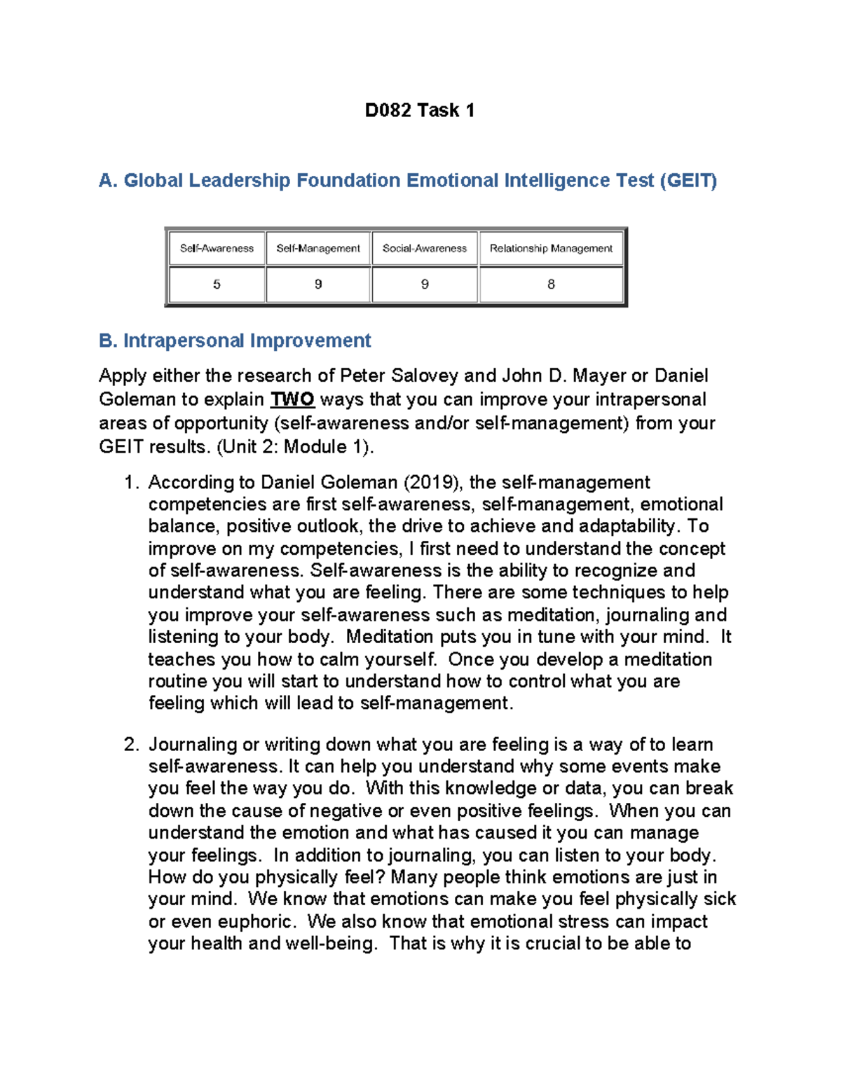 D082 Task 1 - D082 Task 1 - D082 Task 1 A. Global Leadership Foundation ...