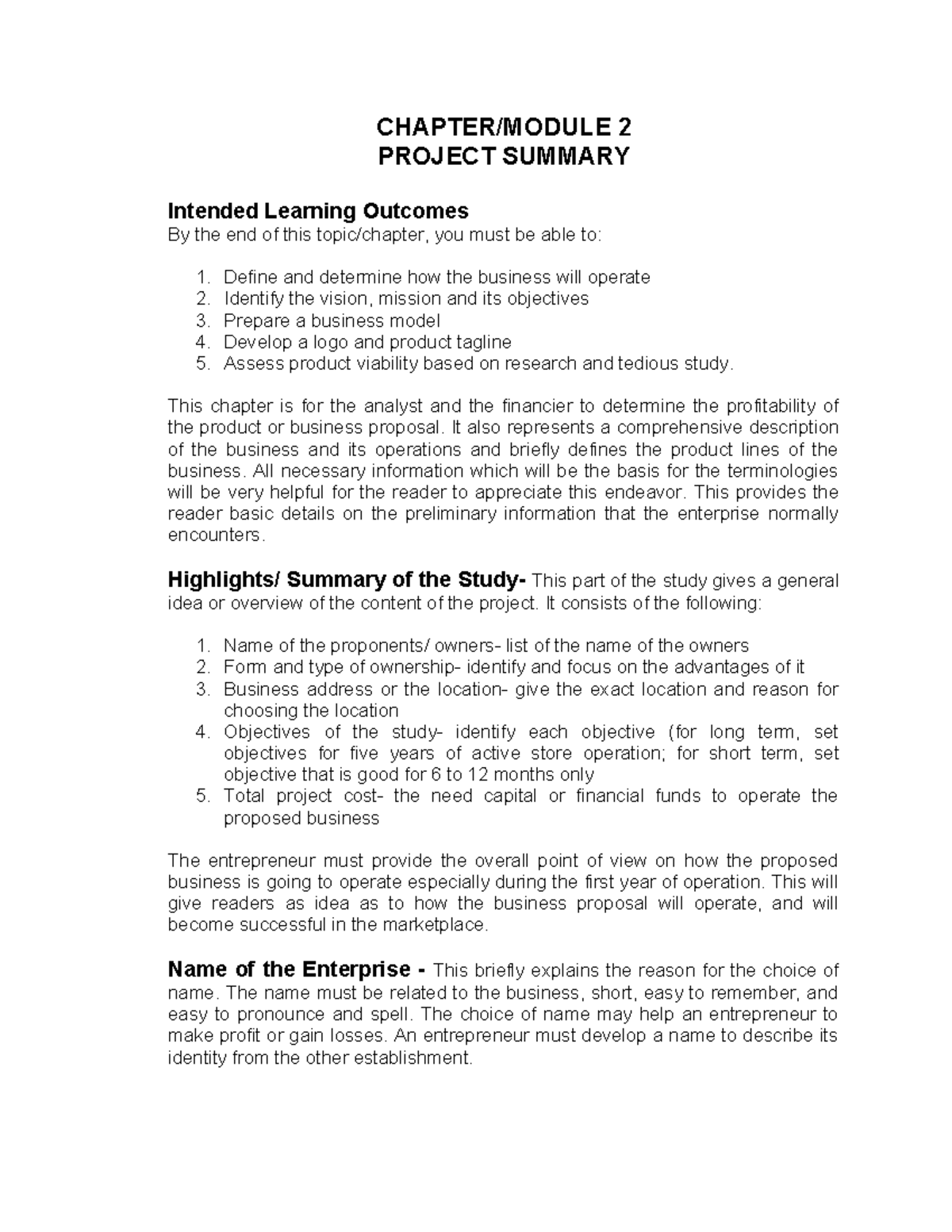Chapter 2 - CHAPTER/MODULE 2 PROJECT SUMMARY Intended Learning Outcomes By the end of this - Studocu