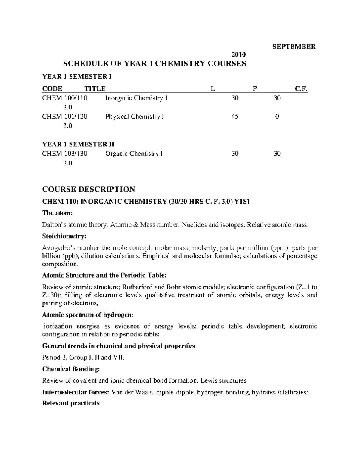 CHEM 110 Lecture Notes 2010-1-1-converted - SEPTEMBER 2010 SCHEDULE OF ...