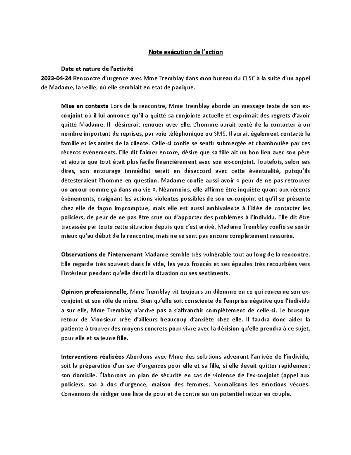Note executive - Note évolutive - Note exécution de l’action Date et ...
