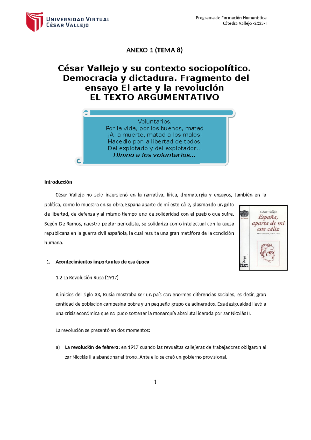 Lectura Vallejo político - Cátedra Vallejo -2023-I ANEXO 1 (TEMA 8 ...
