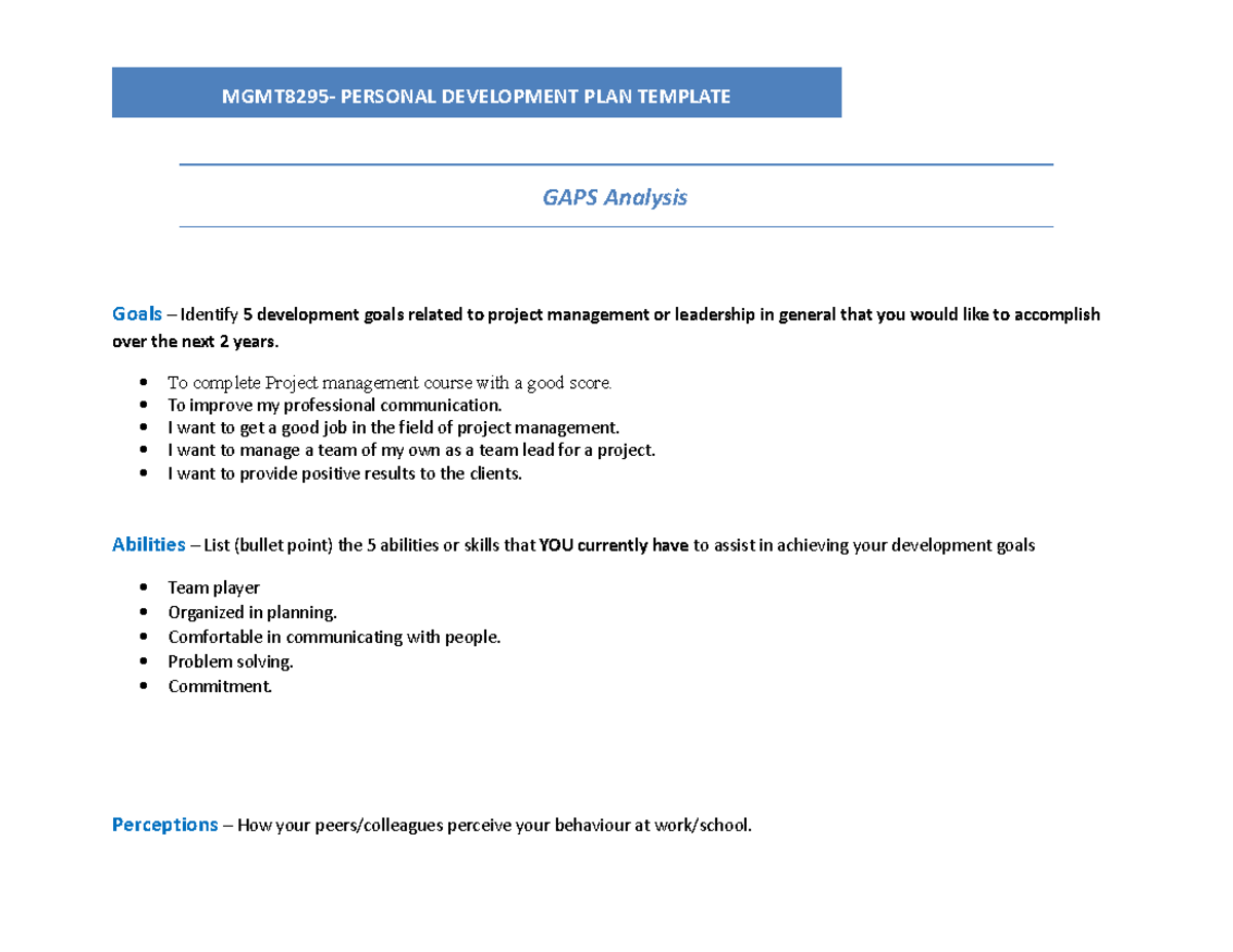 Personal Development Plan - GAPS Analysis Goals – Identify 5 ...
