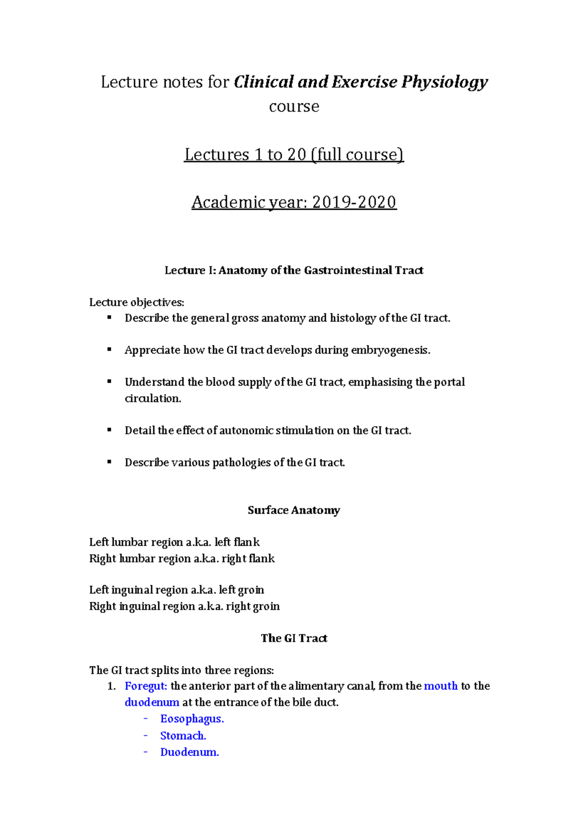 Clinicaland Exercise Physiology lecturenotes lectures 1to20 2019 2020 ...