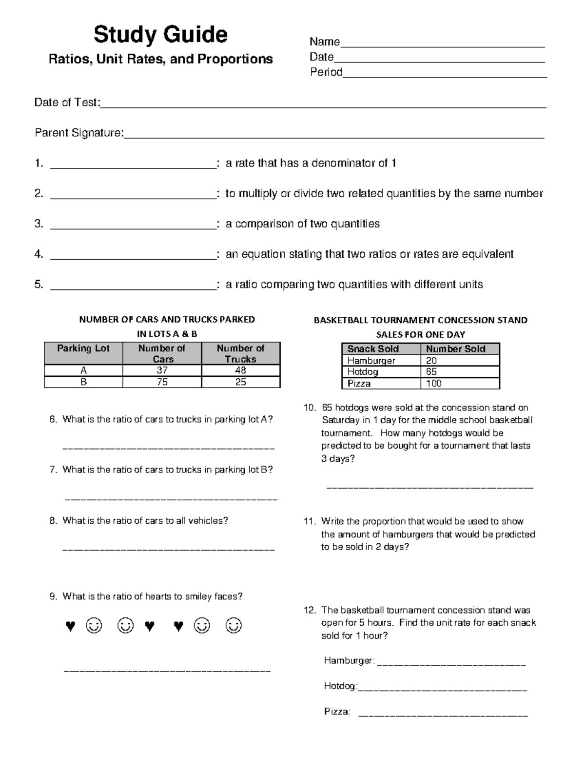 Study Guide for Test Ratios Unit Rates and Proportions - Name